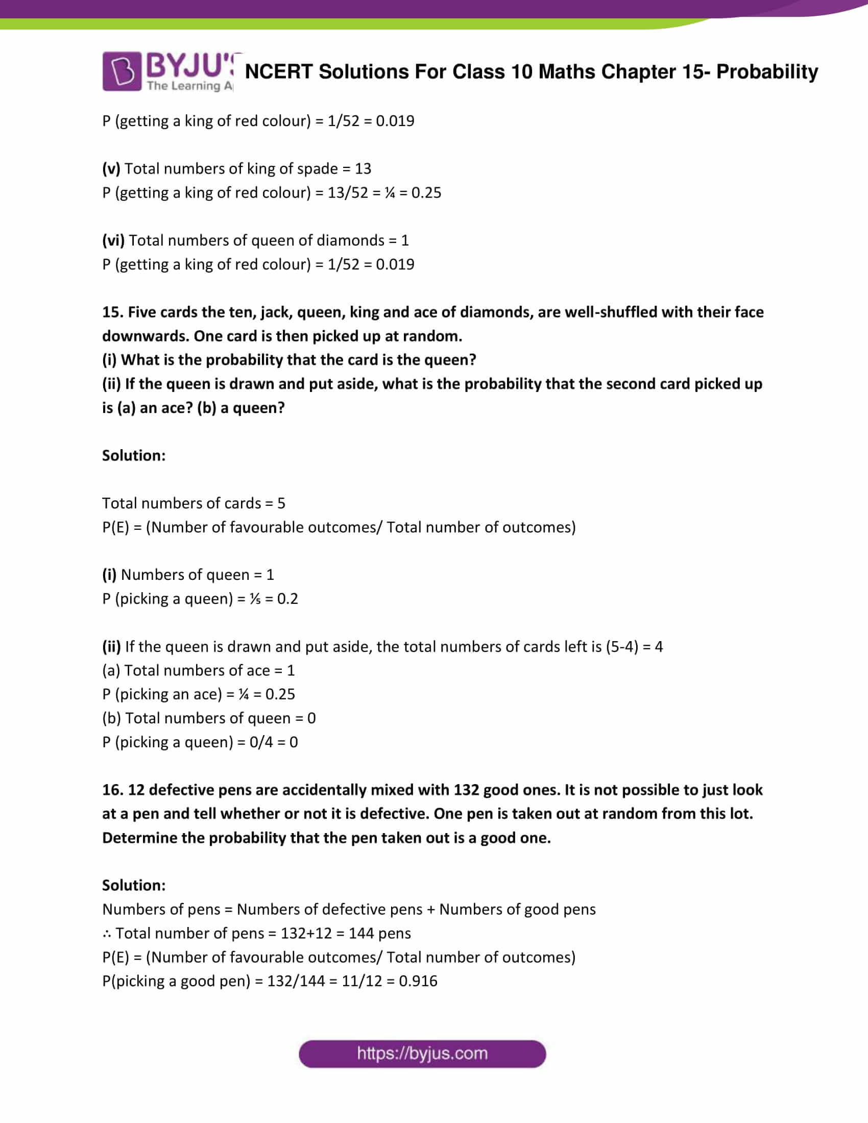 NCERT Solutions for Class 10 Maths Chapter 15 Probability