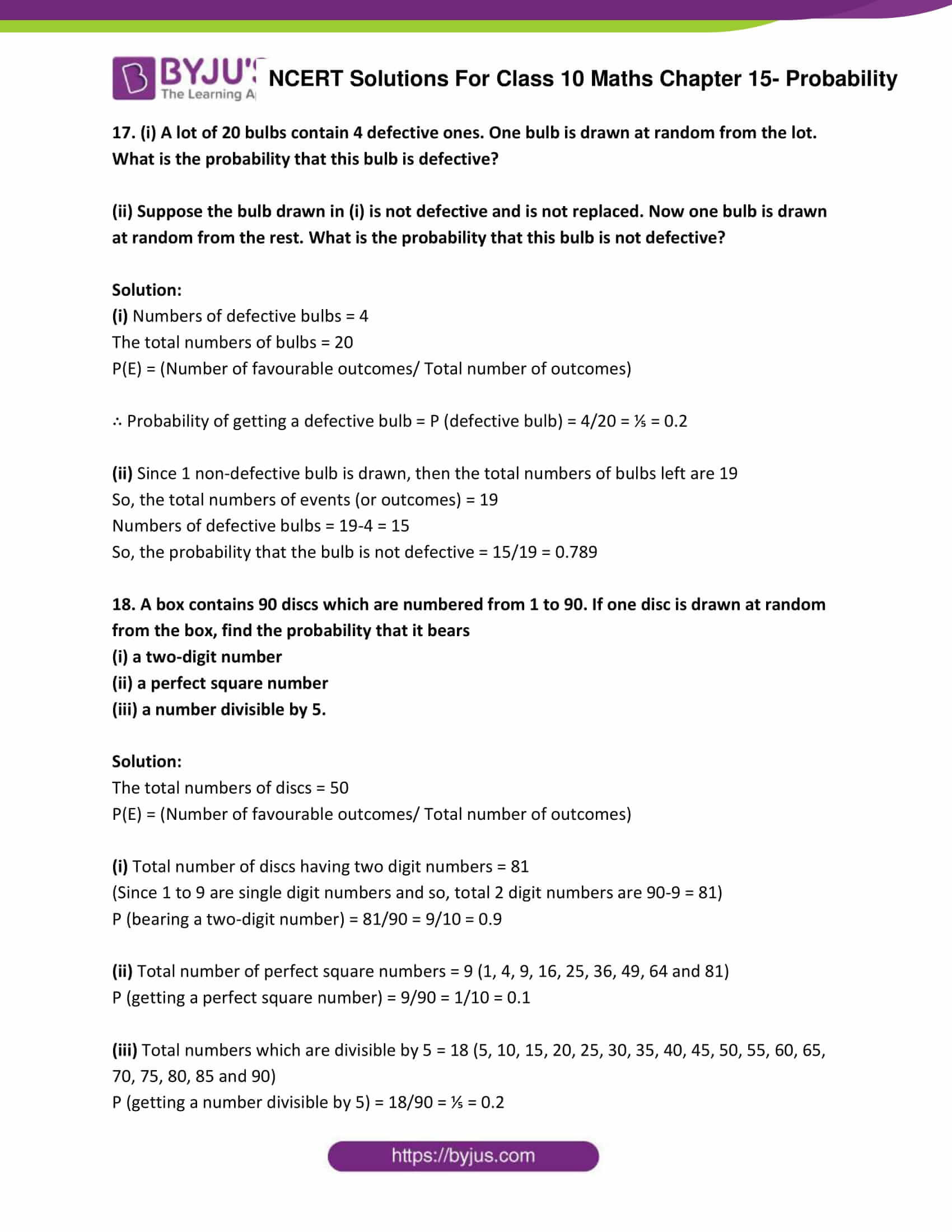 NCERT Solutions for Class 10 Maths Chapter 15 Probability