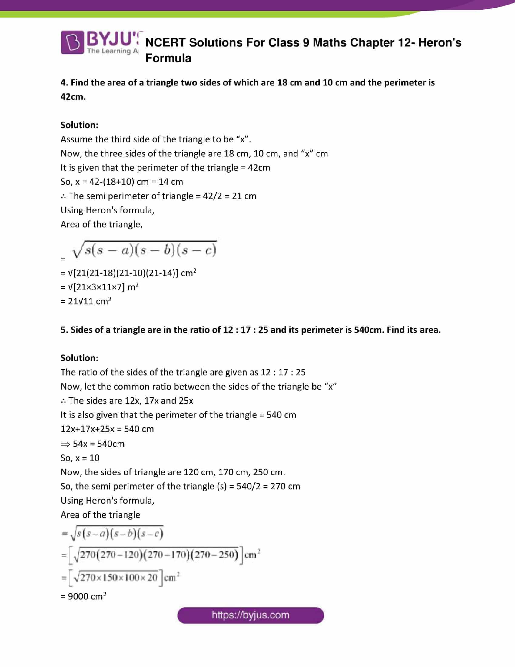 NCERT Solutions Class 9 Maths Chapter 12 Heron's Formula