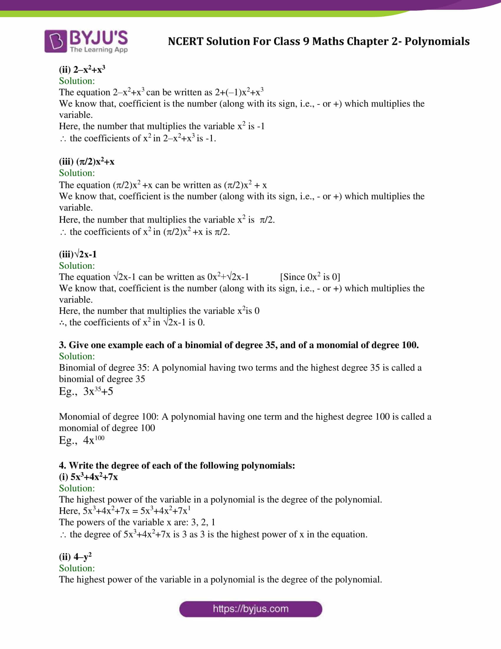 NCERT Solutions for Class 9 Maths Chapter 2 Polynomials