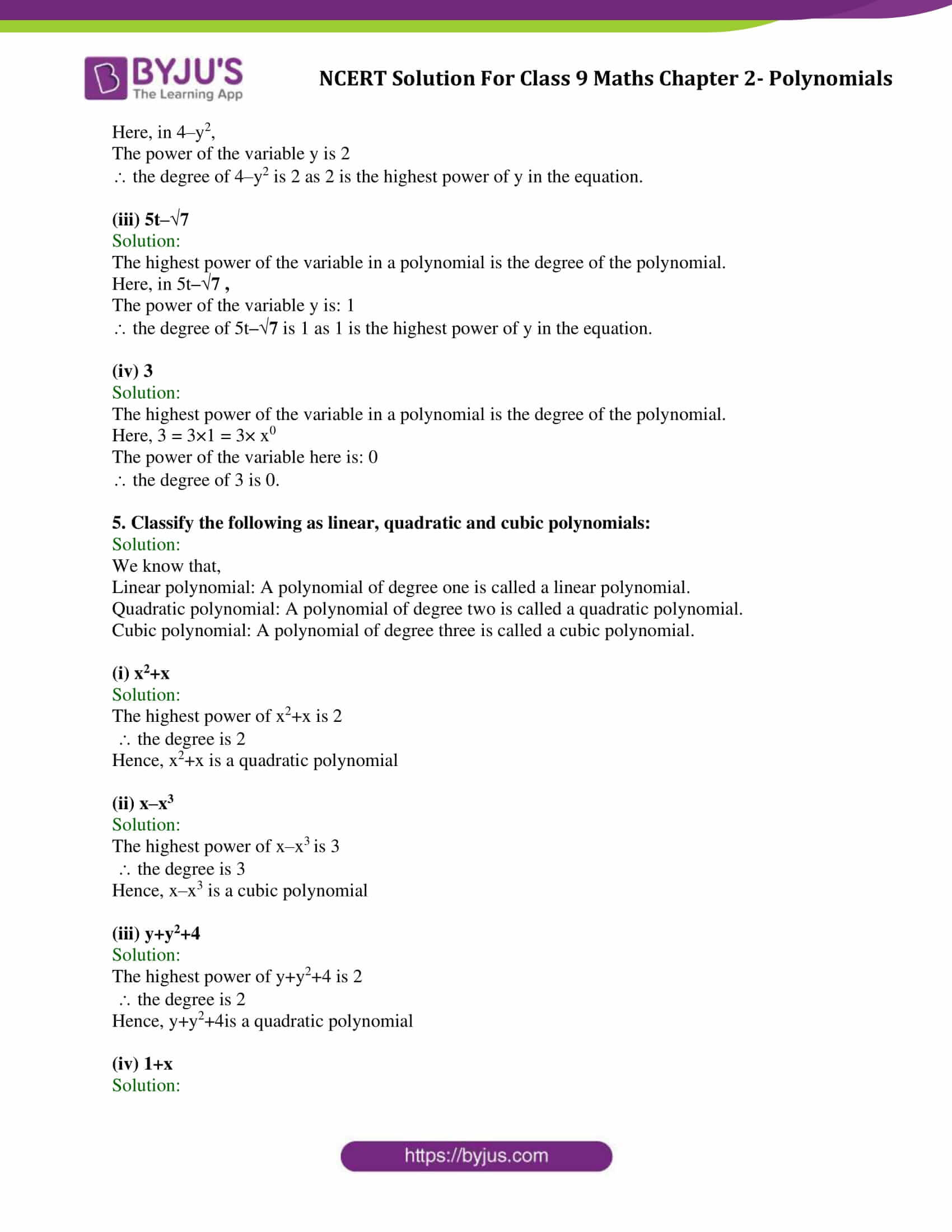 NCERT Solutions for Class 9 Maths Chapter 2 Polynomials