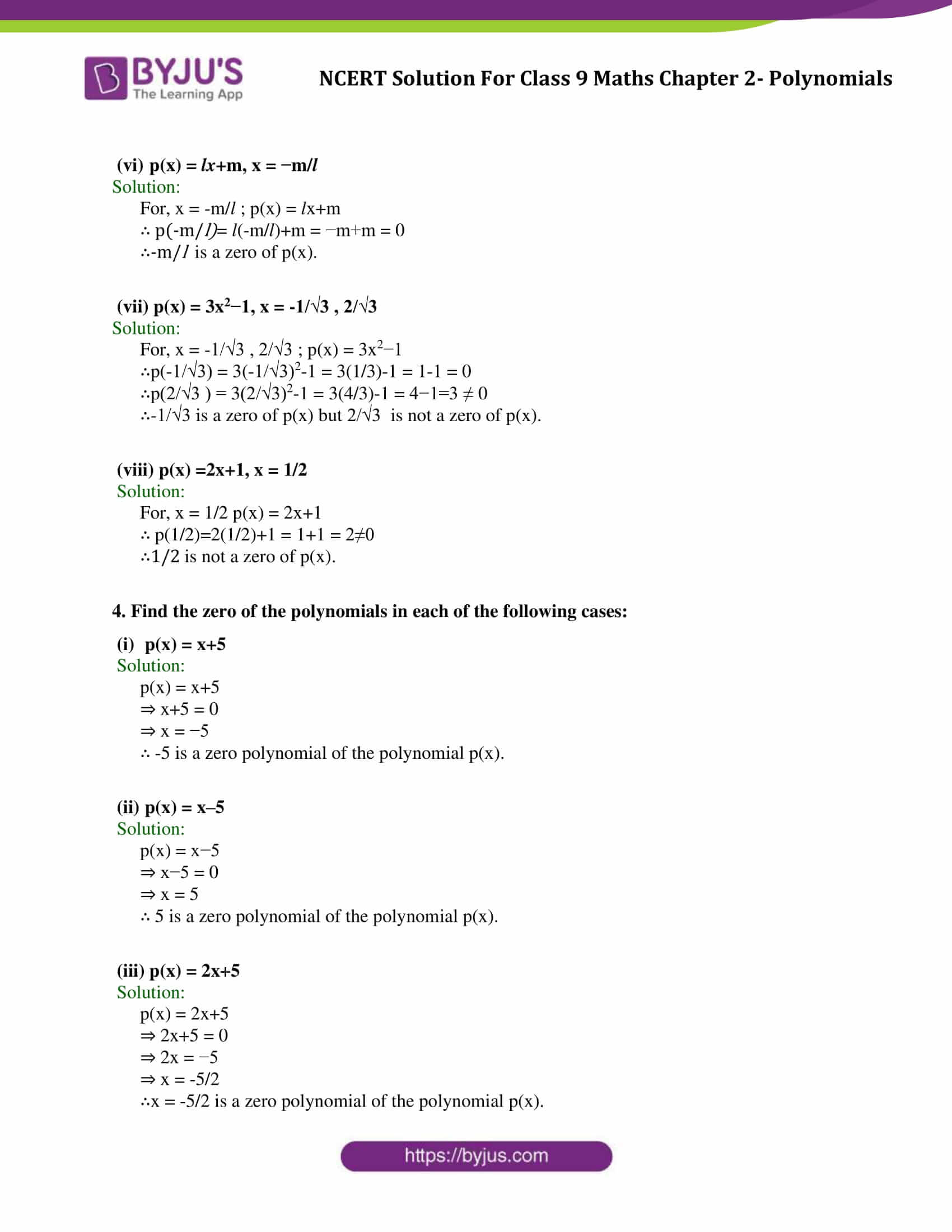 NCERT Solutions for Class 9 Maths Chapter 2 Polynomials