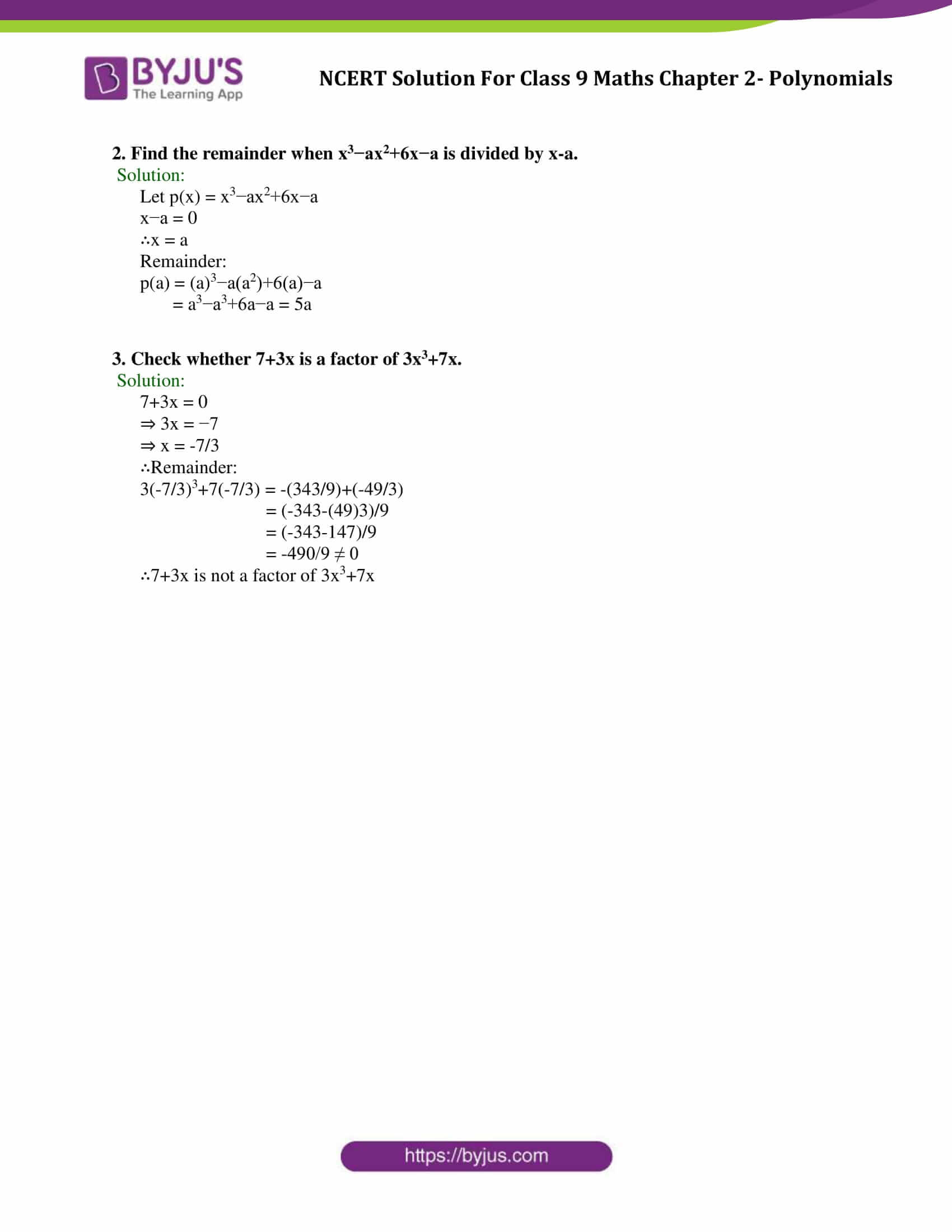 NCERT Solutions for Class 9 Maths Chapter 2 Polynomials