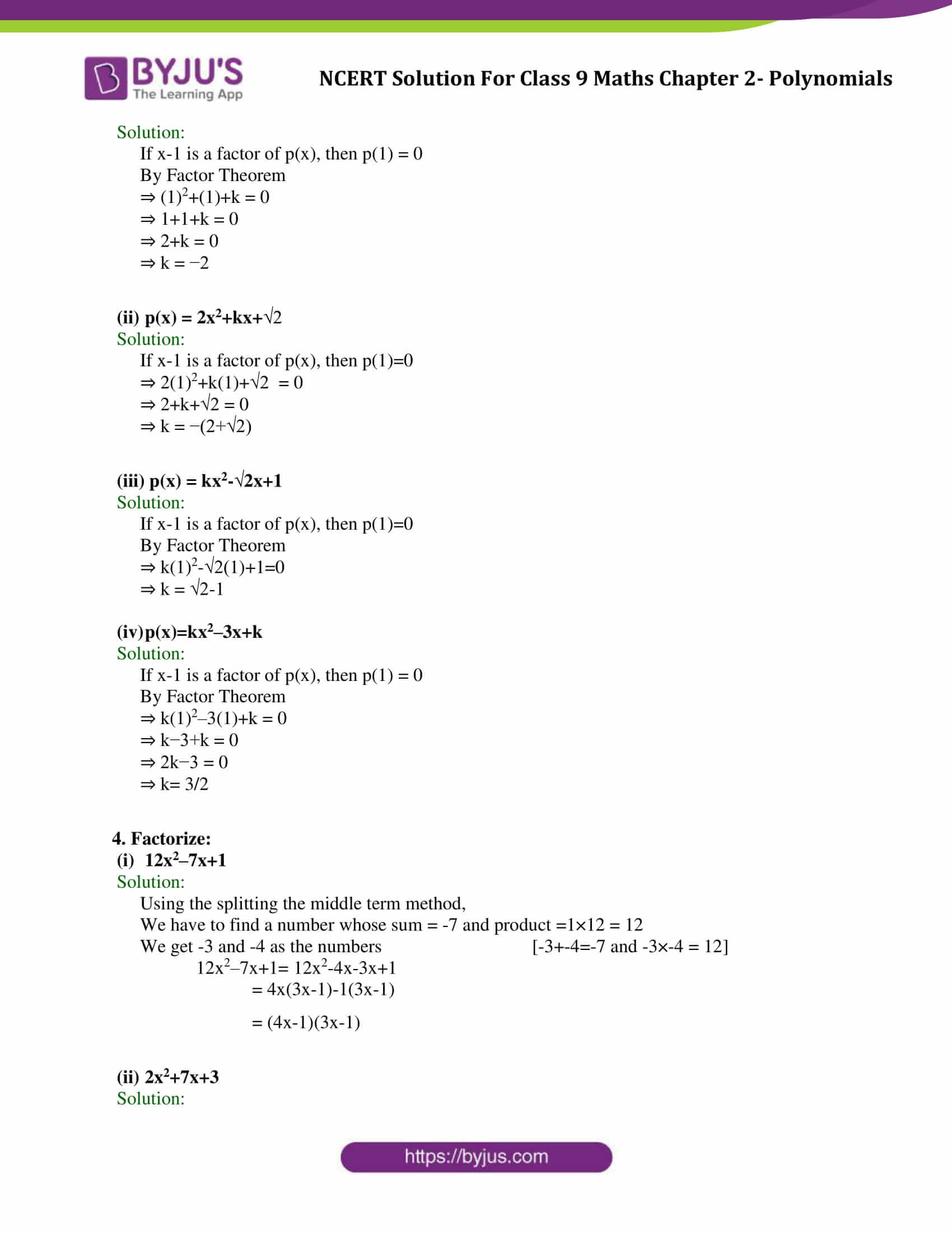 NCERT Solutions for Class 9 Maths Chapter 2 Polynomial Ex 2.4 Free PDF ...