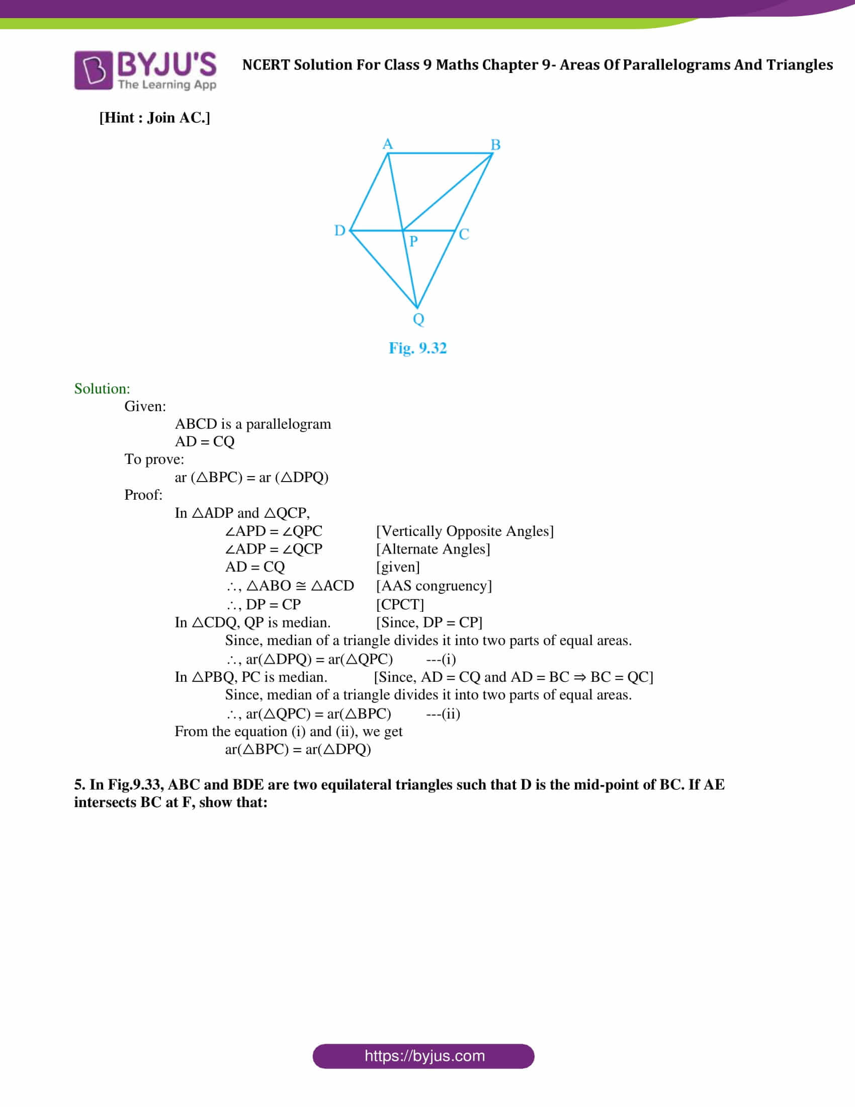 NCERT Solutions Class 9 Maths Chapter 9 Areas of Parallelograms and Triangles