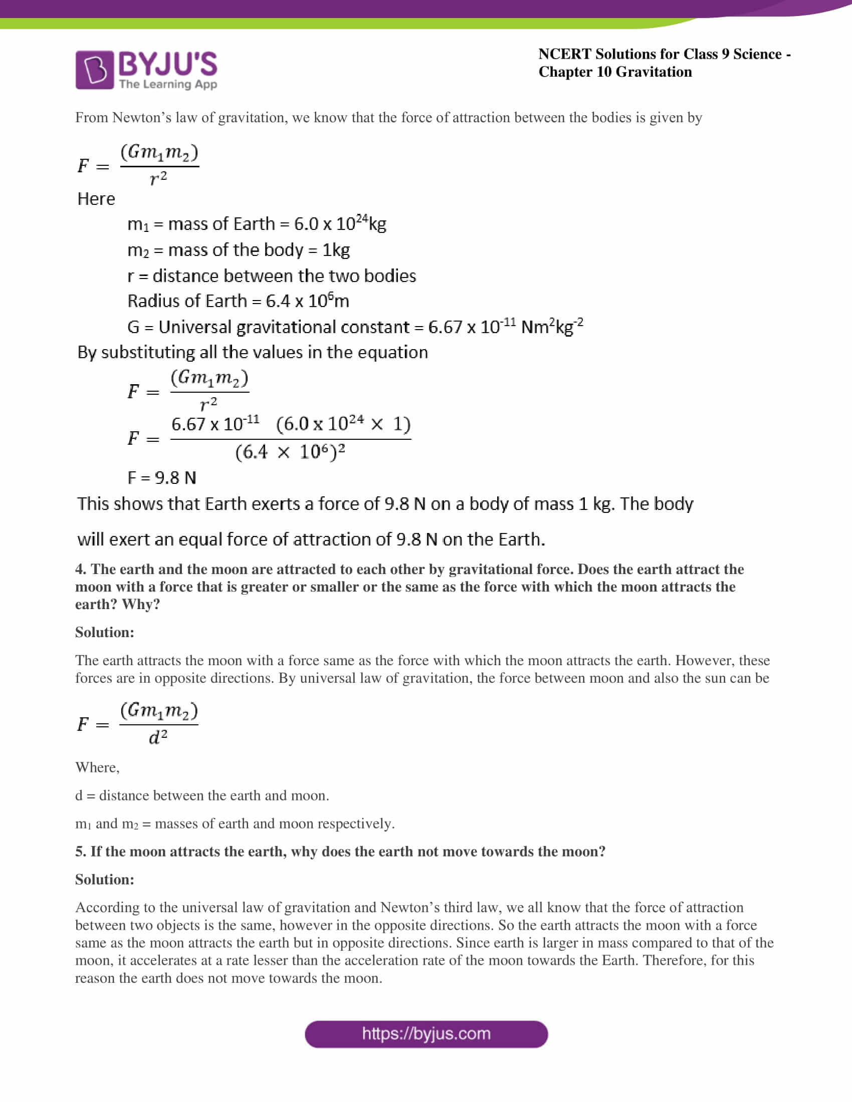 NCERT Solutions Class 9 Science Chapter 10 Gravitation - Download Free PDFs