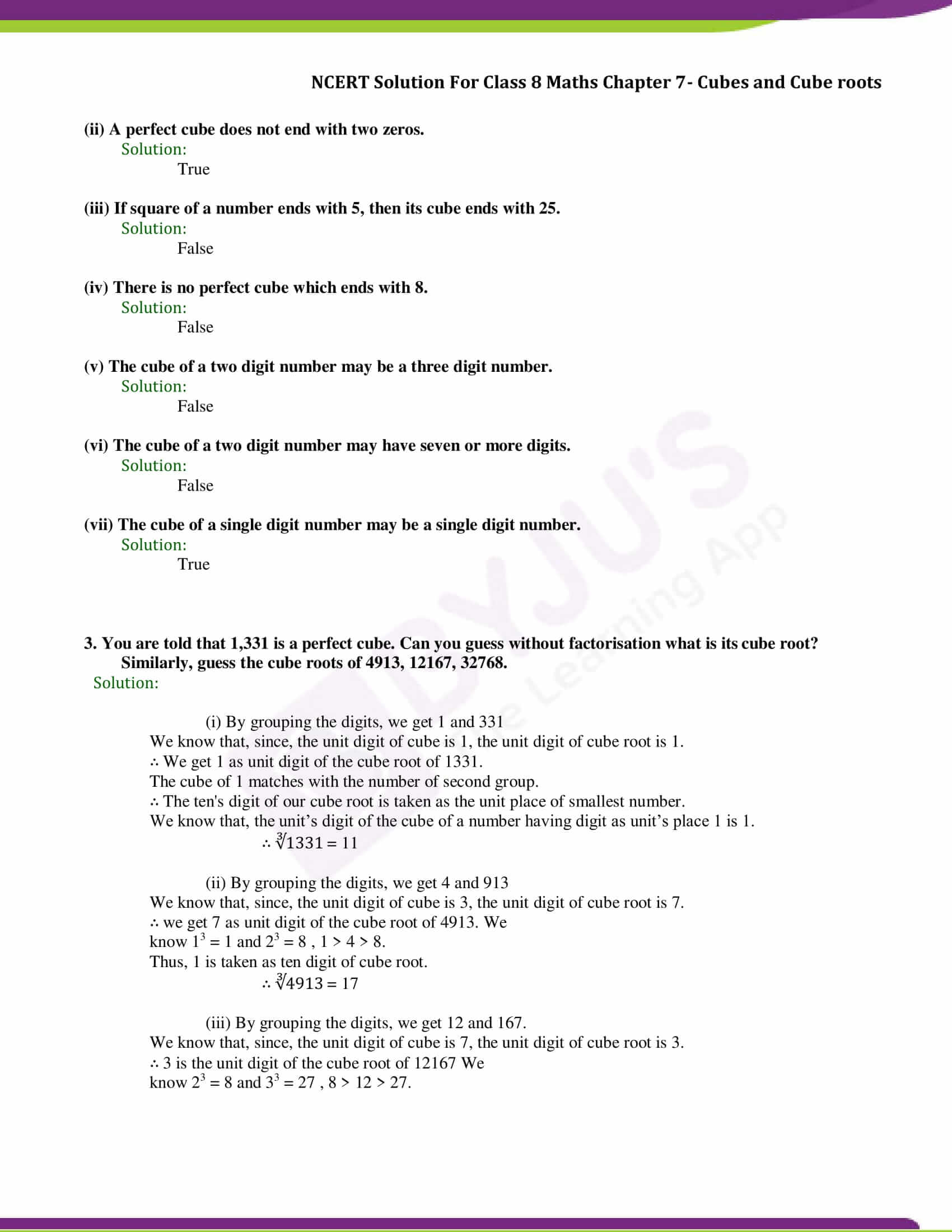 NCERT Solutions Class 8 Maths Chapter 7 Cube And Cube Roots