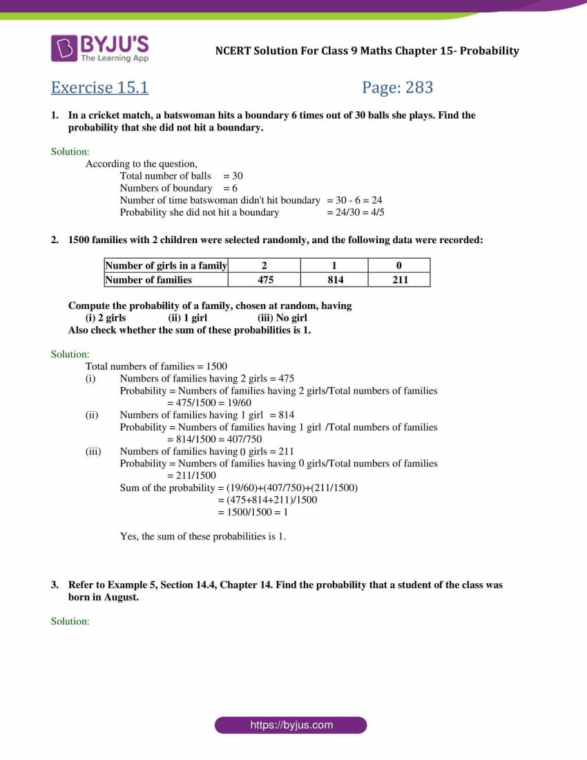 NCERT Solutions for Class 9 Maths Chapter 15 Probability