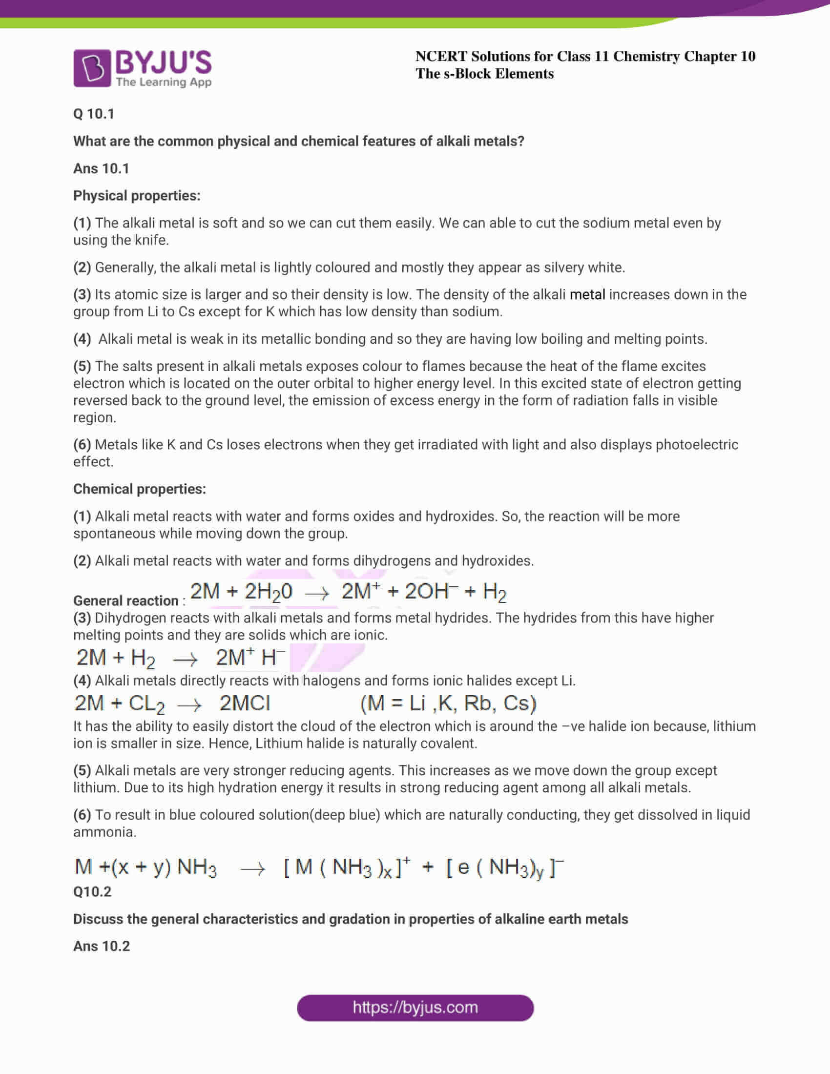 NCERT Solutions Class 11 Chemistry Chapter 10 The S Block Elements