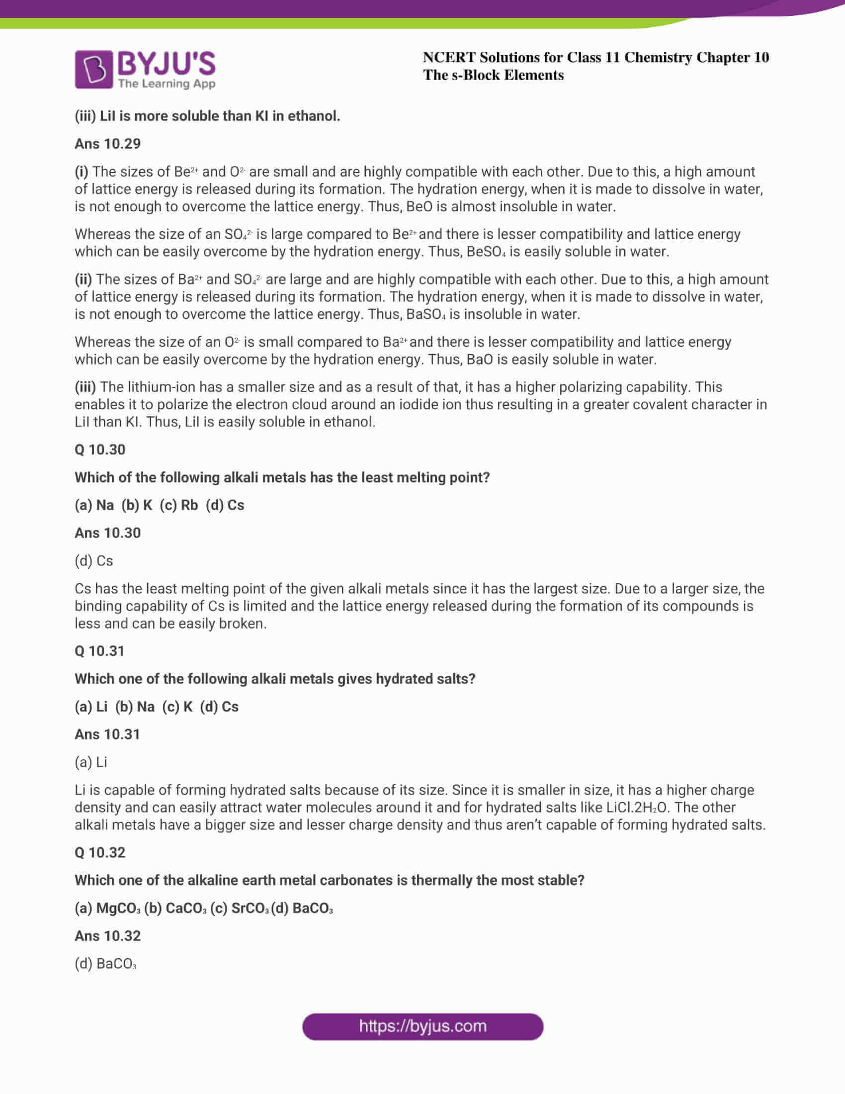 NCERT Solutions Class 11 Chemistry Chapter 10 The S Block Elements
