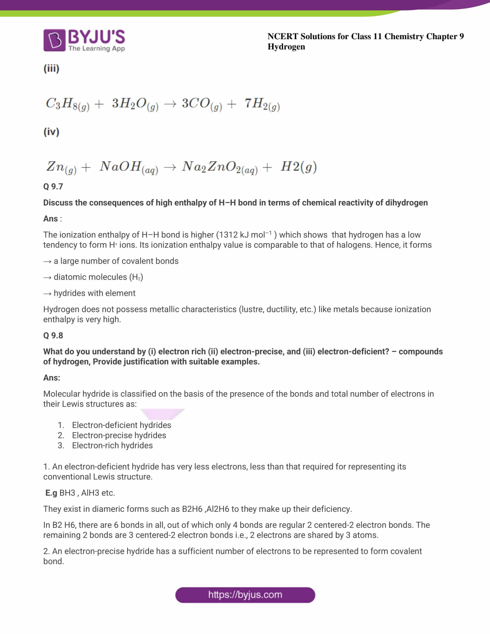 NCERT Solutions for Class 11 Chemistry Chapter 9 Hydrogen