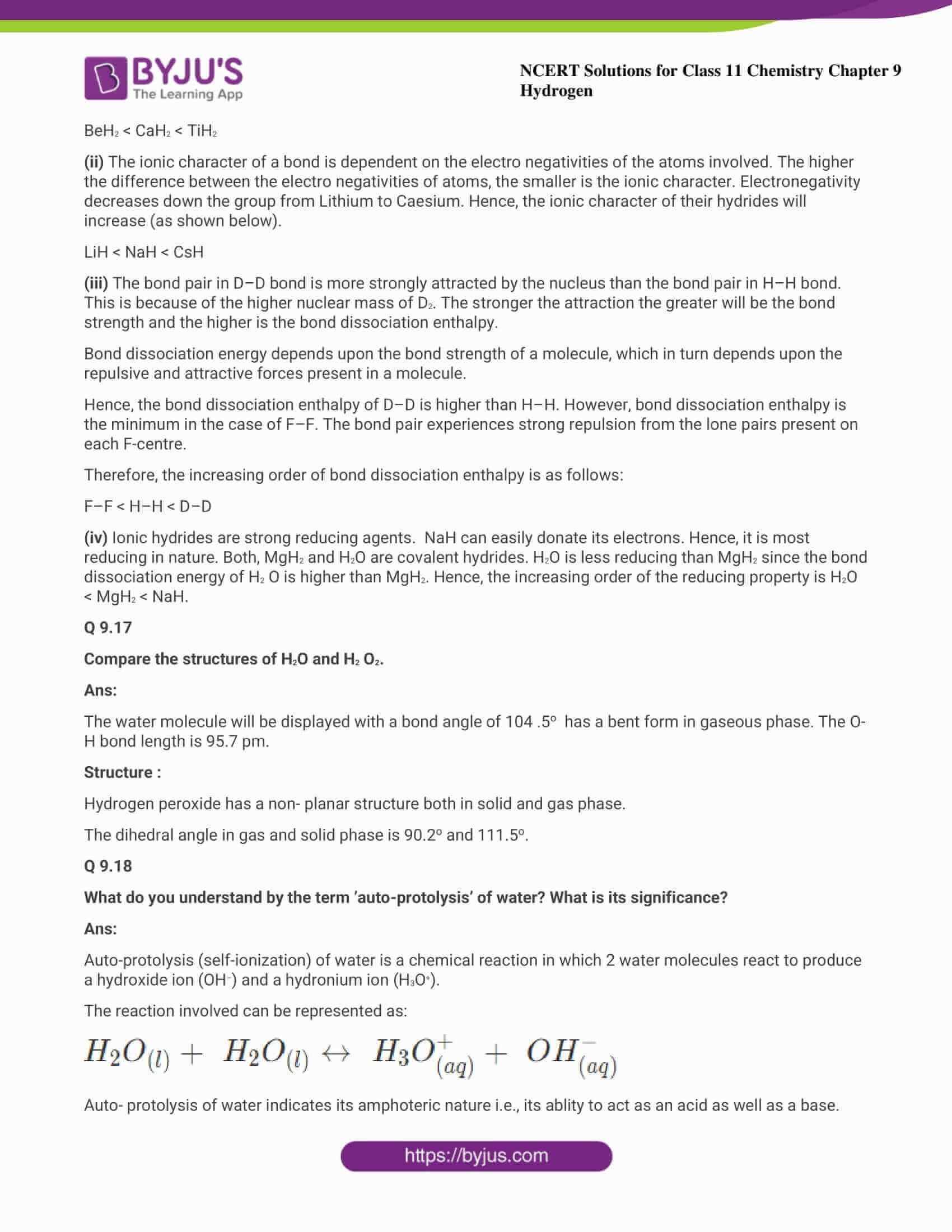 NCERT Solutions for Class 11 Chemistry Chapter 9 Hydrogen