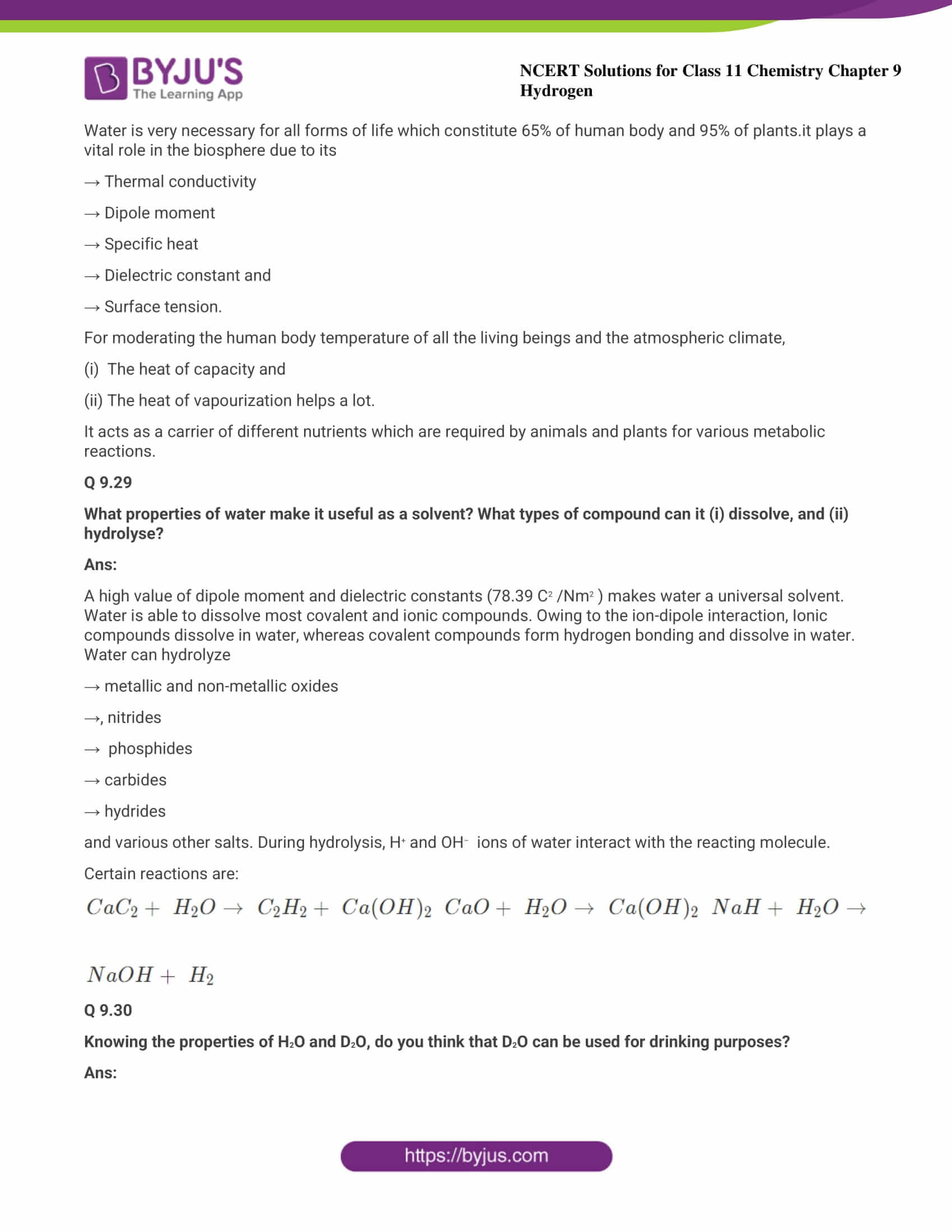NCERT Solutions for Class 11 Chemistry Chapter 9 Hydrogen