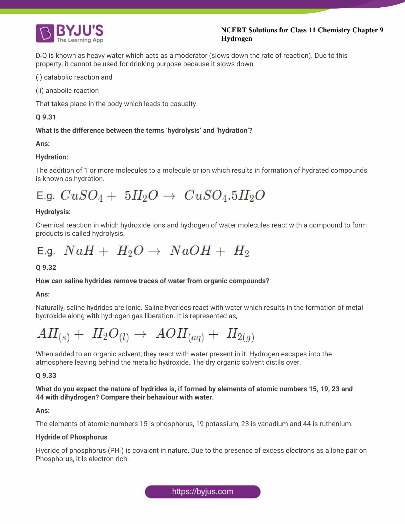 NCERT Solutions for Class 11 Chemistry Chapter 9 Hydrogen