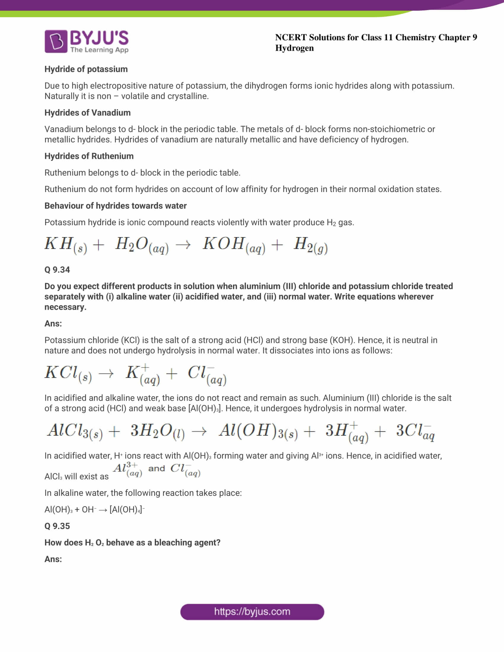 NCERT Solutions for Class 11 Chemistry Chapter 9 Hydrogen