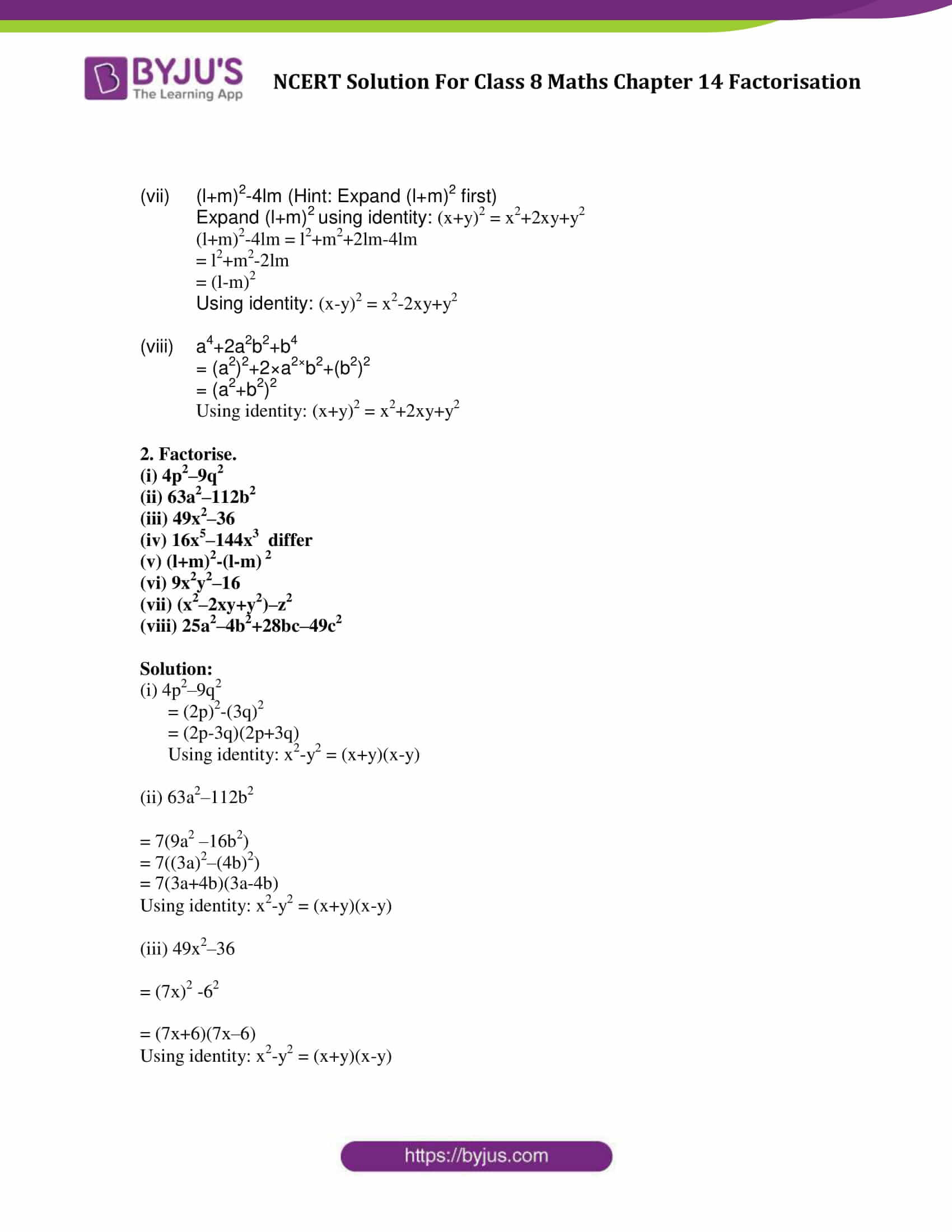 NCERT Solutions for Class 8 Maths Exercise 14.2 Chapter 14- factorisation