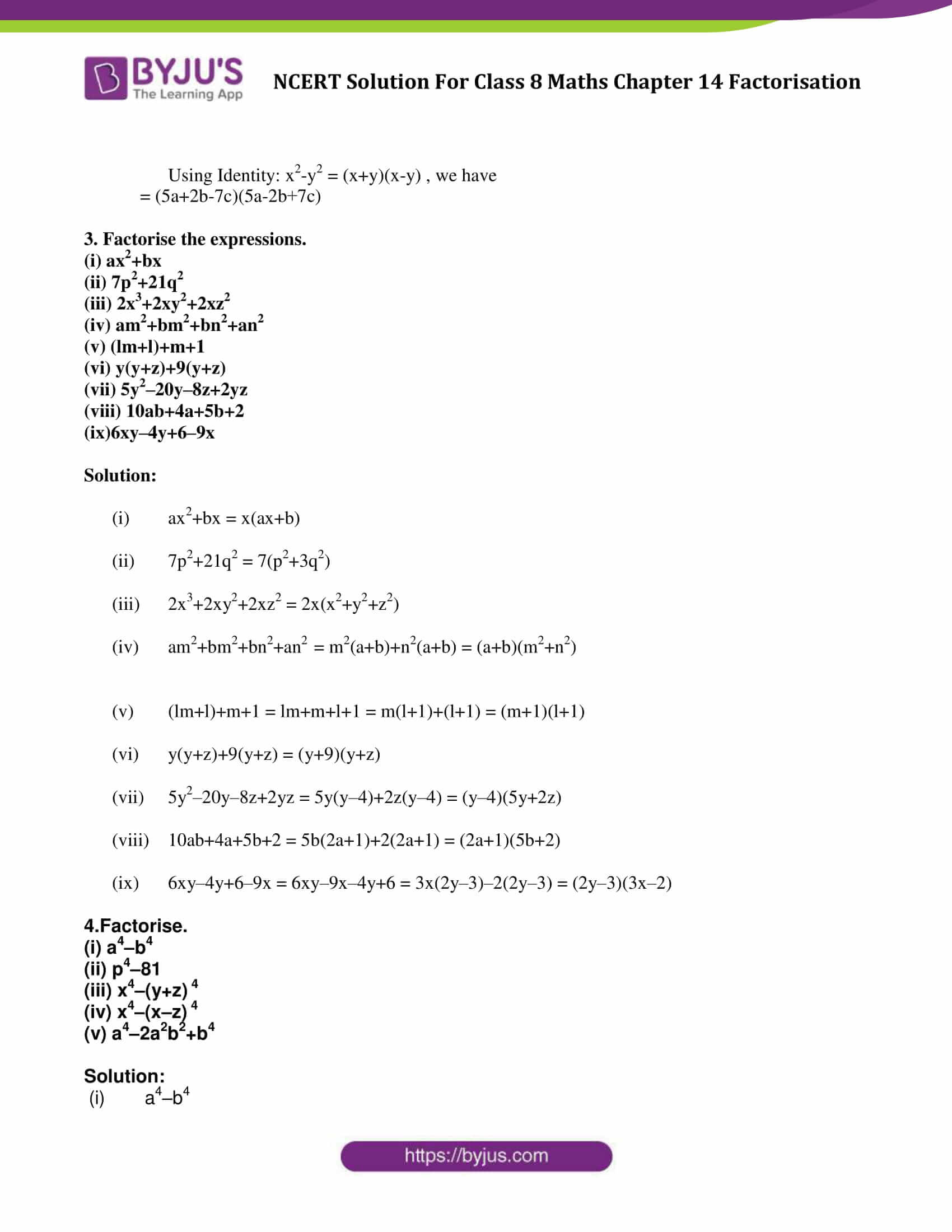 NCERT Solutions for Class 8 Maths Exercise 14.2 Chapter 14- factorisation