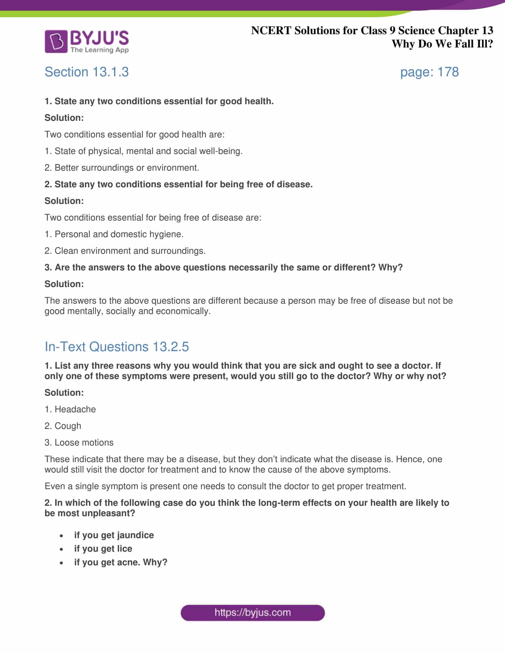 NCERT Solutions Class 9 Science Chapter 13 Why Do We Fall Ill - BYJU'S