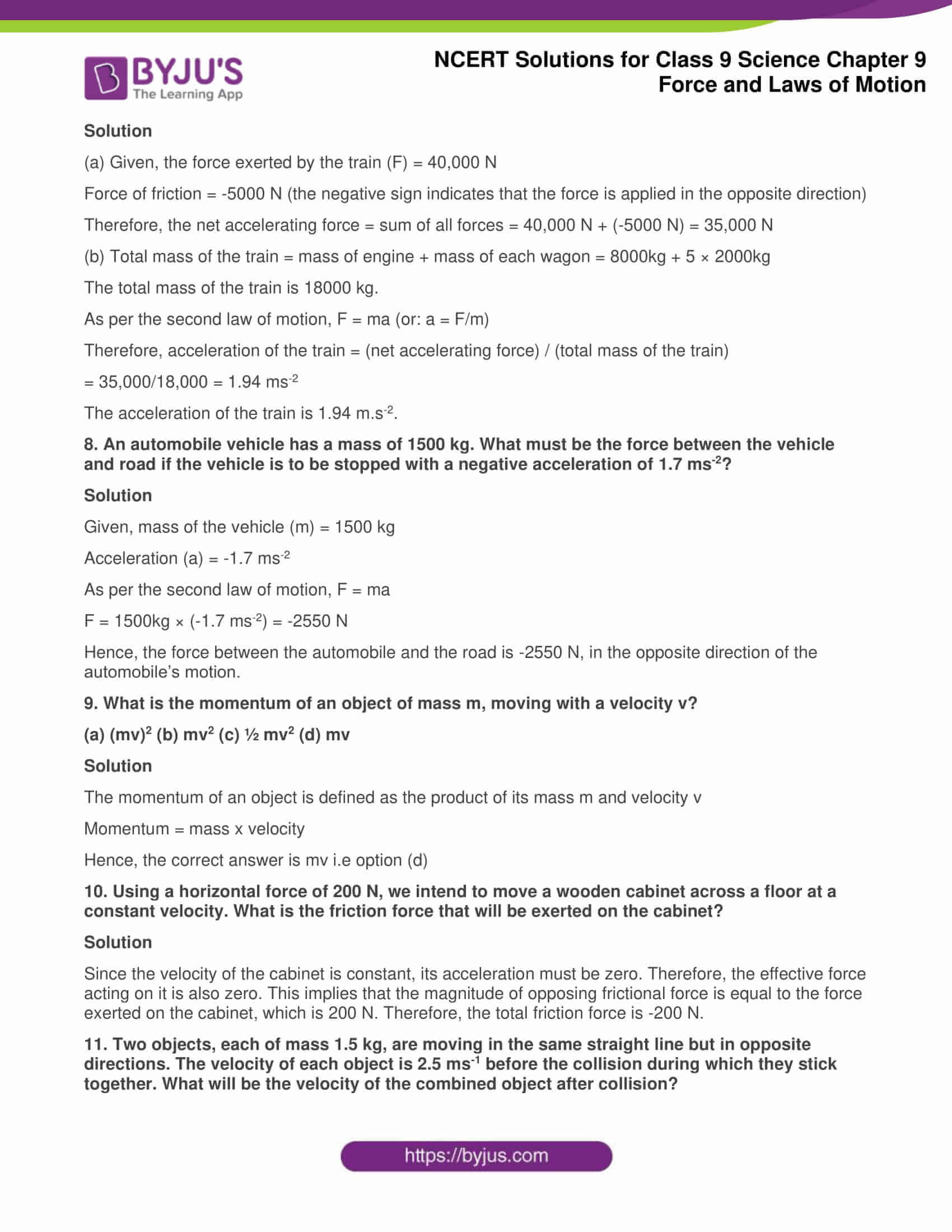 NCERT Solutions Class 9 Science Chapter 9 Force And Laws Of Motion ...