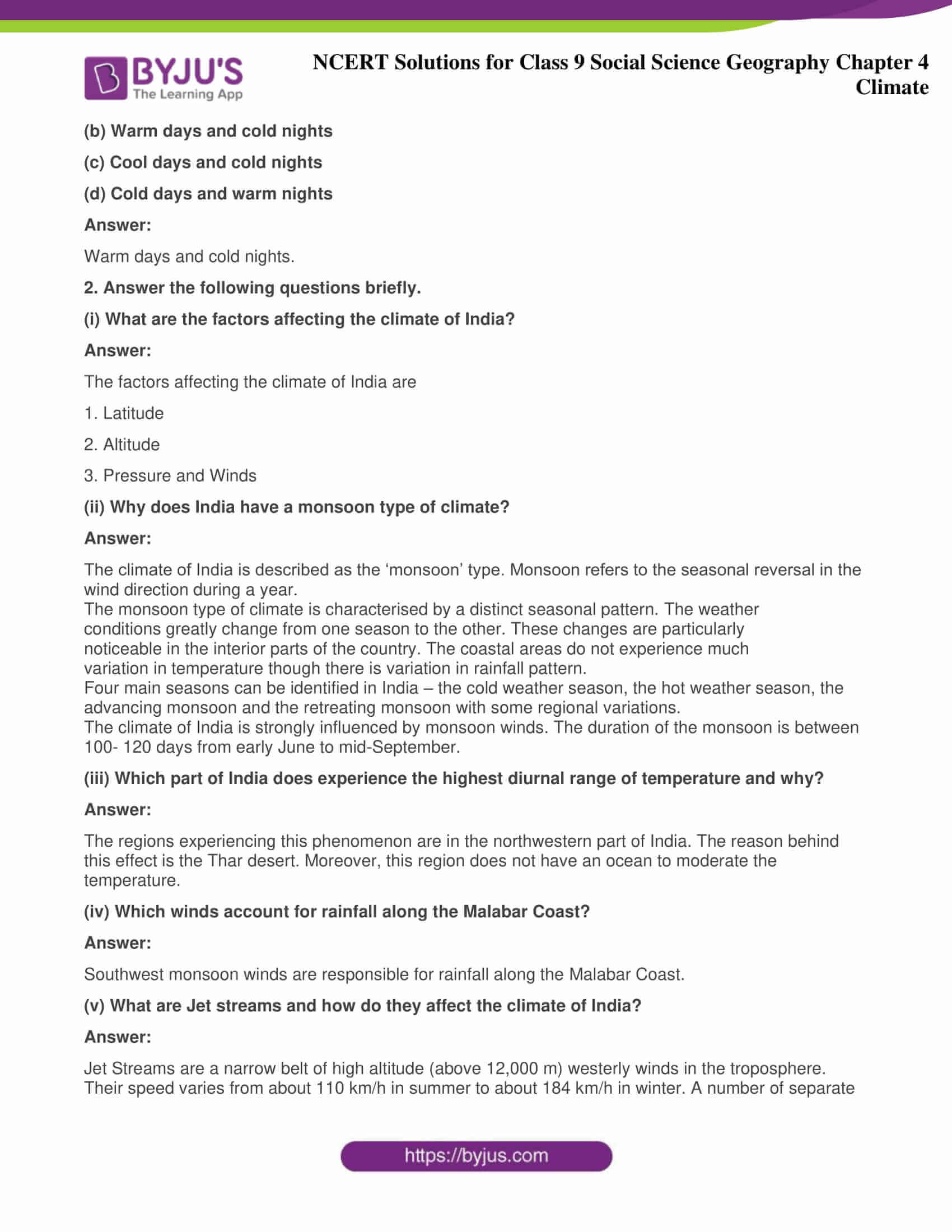 NCERT Solutions For Class 9 Geography Social Science Chapter 4 Climate - Free PDF