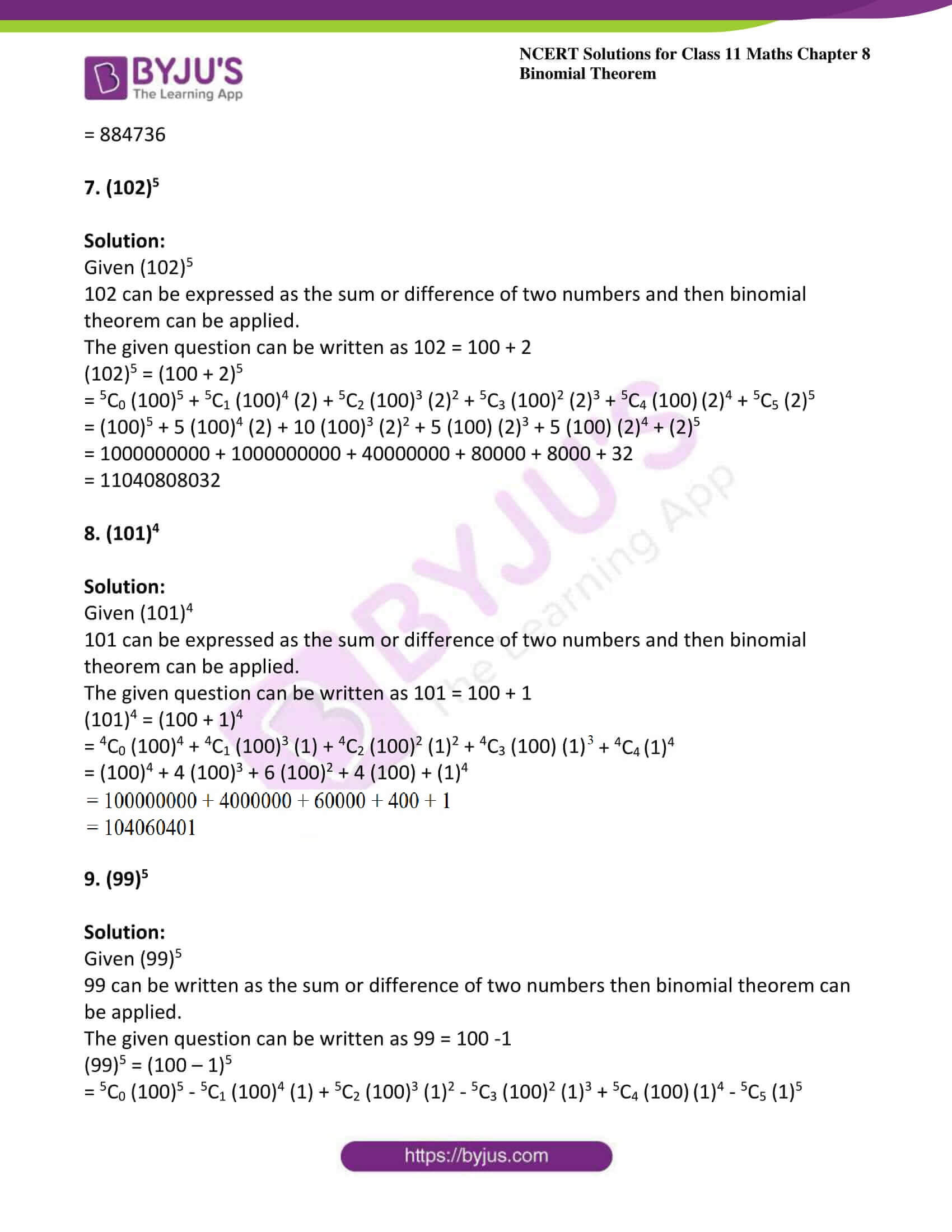 NCERT Solutions Class 11 Maths Chapter 8 Binomial Theorem - Free Download