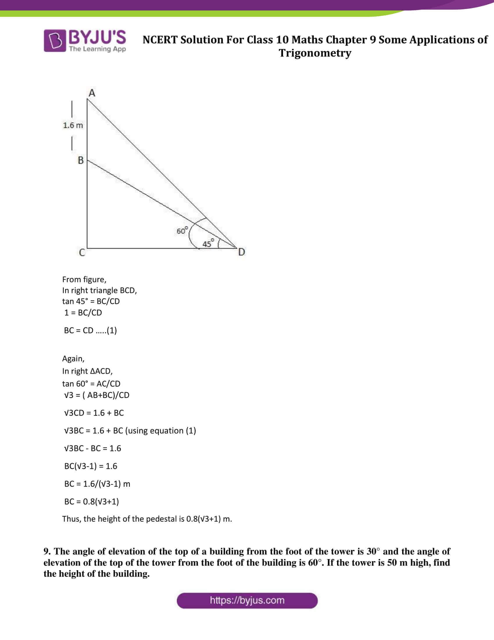 NCERT Solutions for Class 10 Maths Chapter 9 Some Applications of Trigonometry