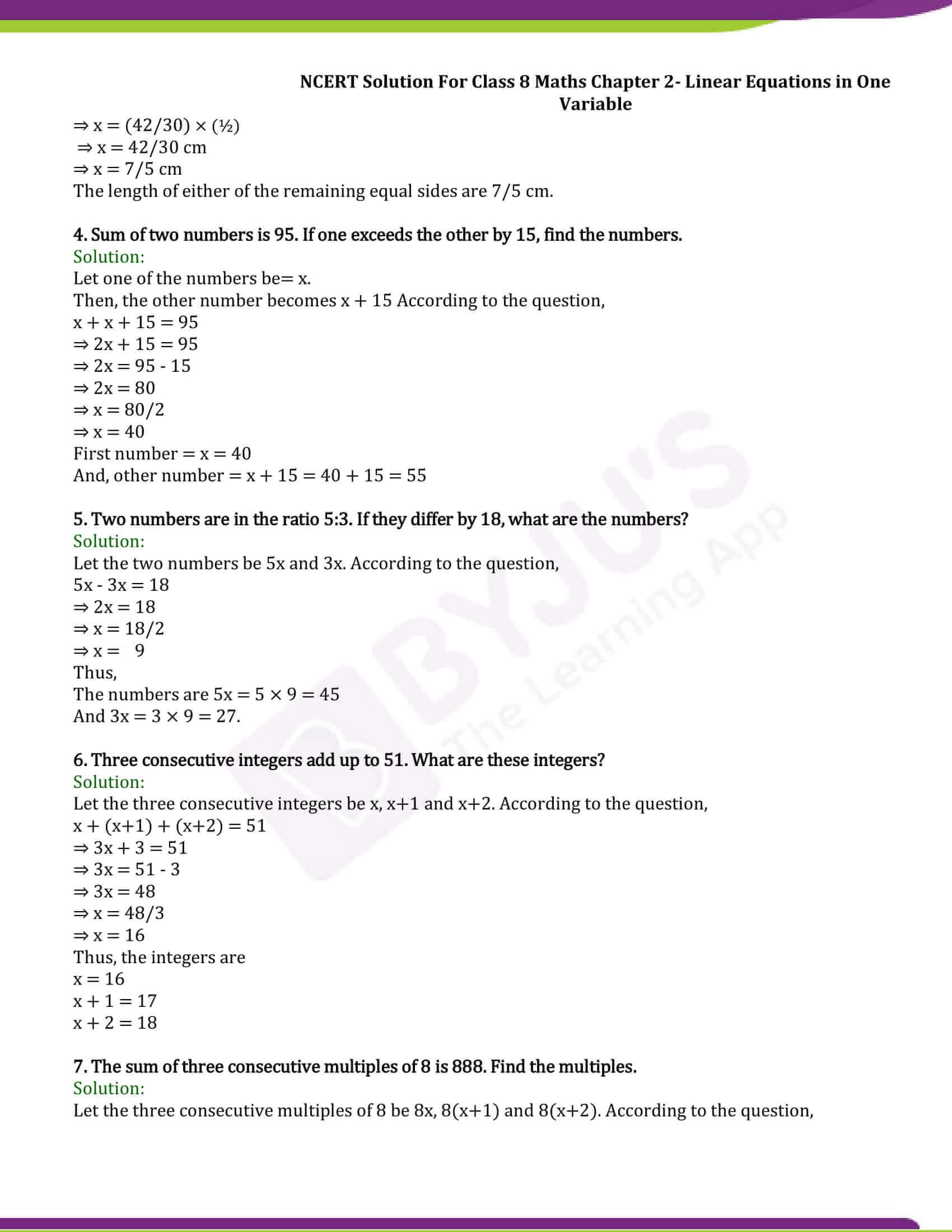 NCERT Solutions for Class 8 Maths Chapter 2 Linear Equations in One ...