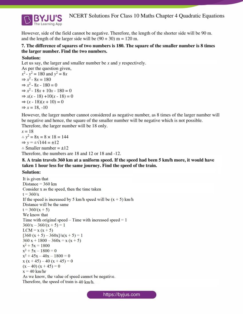 NCERT Solutions Class 10 Maths Chapter 4 Quadratic Equations