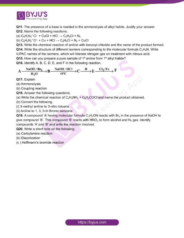 Class 12 Chemistry Worksheet on Chapter 13 Amines - Set 5