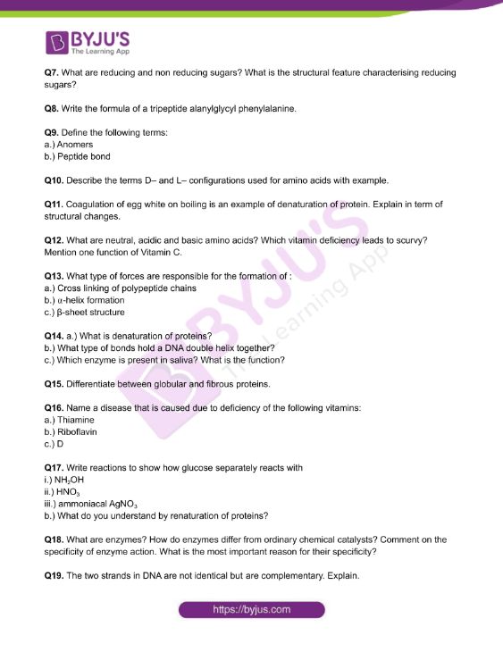 Class 12 Chemistry Worksheet On Chapter 14 Biomolecules Set 1 Class 12 Chemistry Worksheet On Chapter 14 Biomolecules Set 1