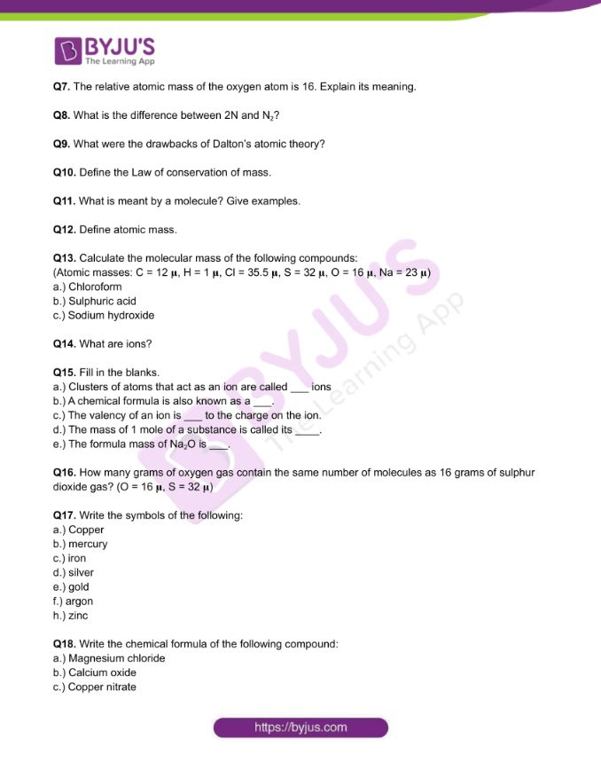 Class 9 Chemistry Worksheet On Chapter 3 Atoms And Molecules Set 1