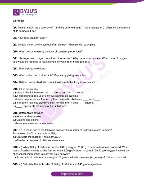Class 9 Chemistry Worksheet On Chapter 3 Atoms And Molecules Set 2