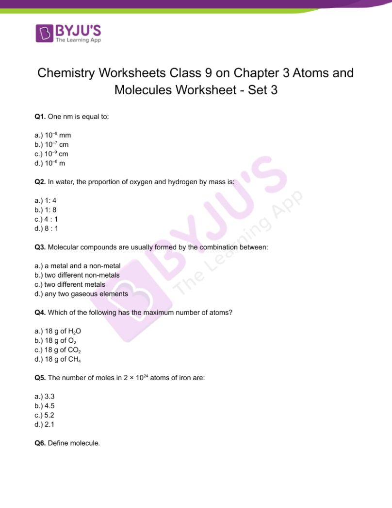 Class 9 Chemistry Worksheet On Chapter 3 Atoms And Molecules Set 3