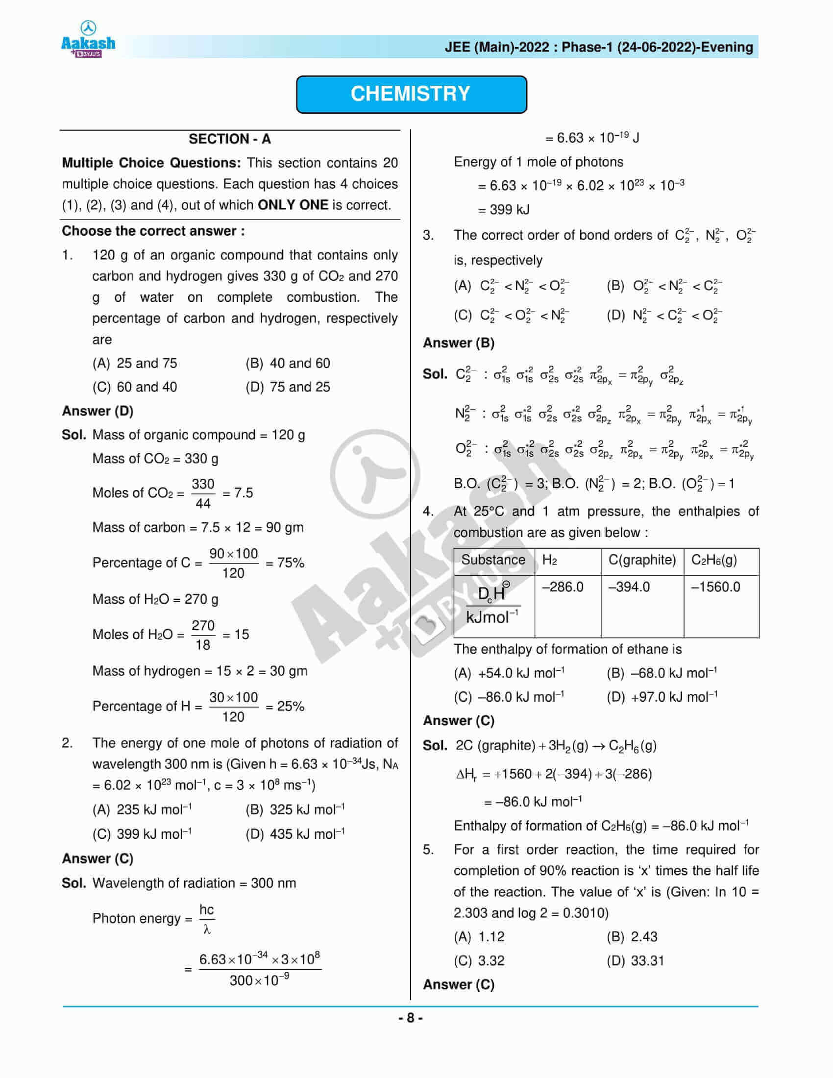JEE Main 2022 June 24 – Shift 2 Chemistry Question Paper with Solutions