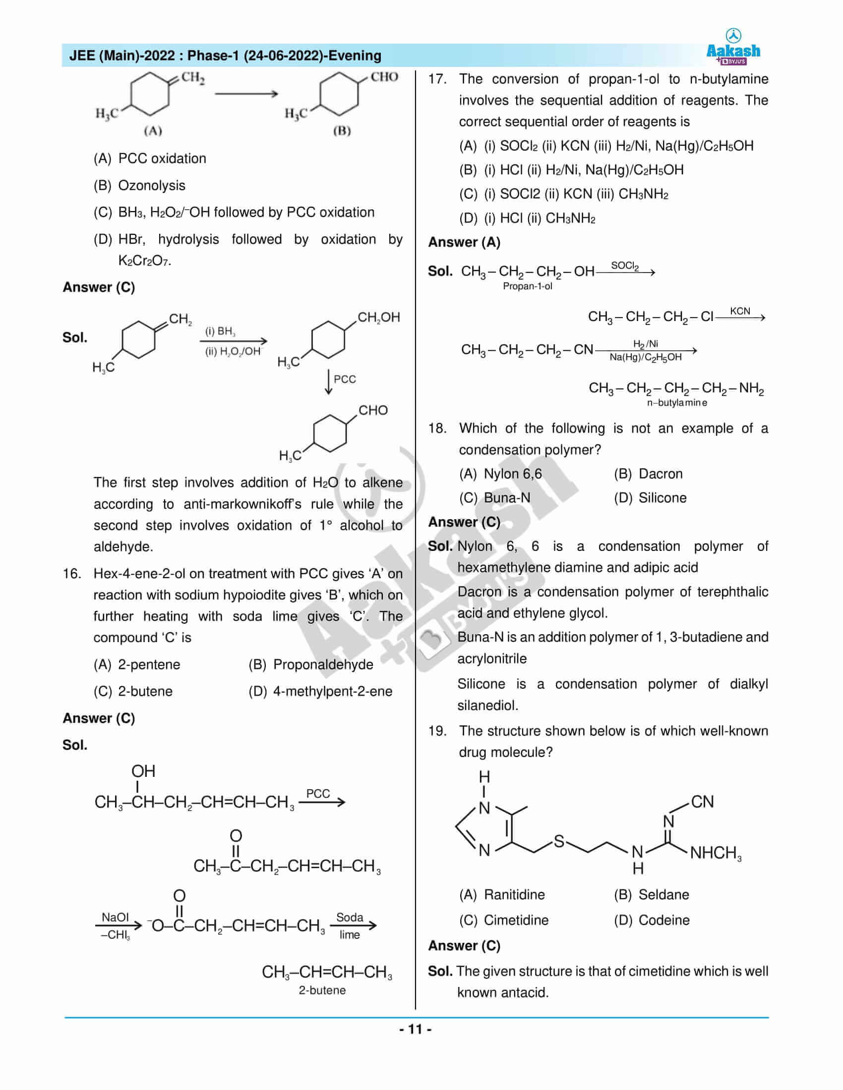 JEE Main 2022 June 24 – Shift 2 Chemistry Question Paper with Solutions