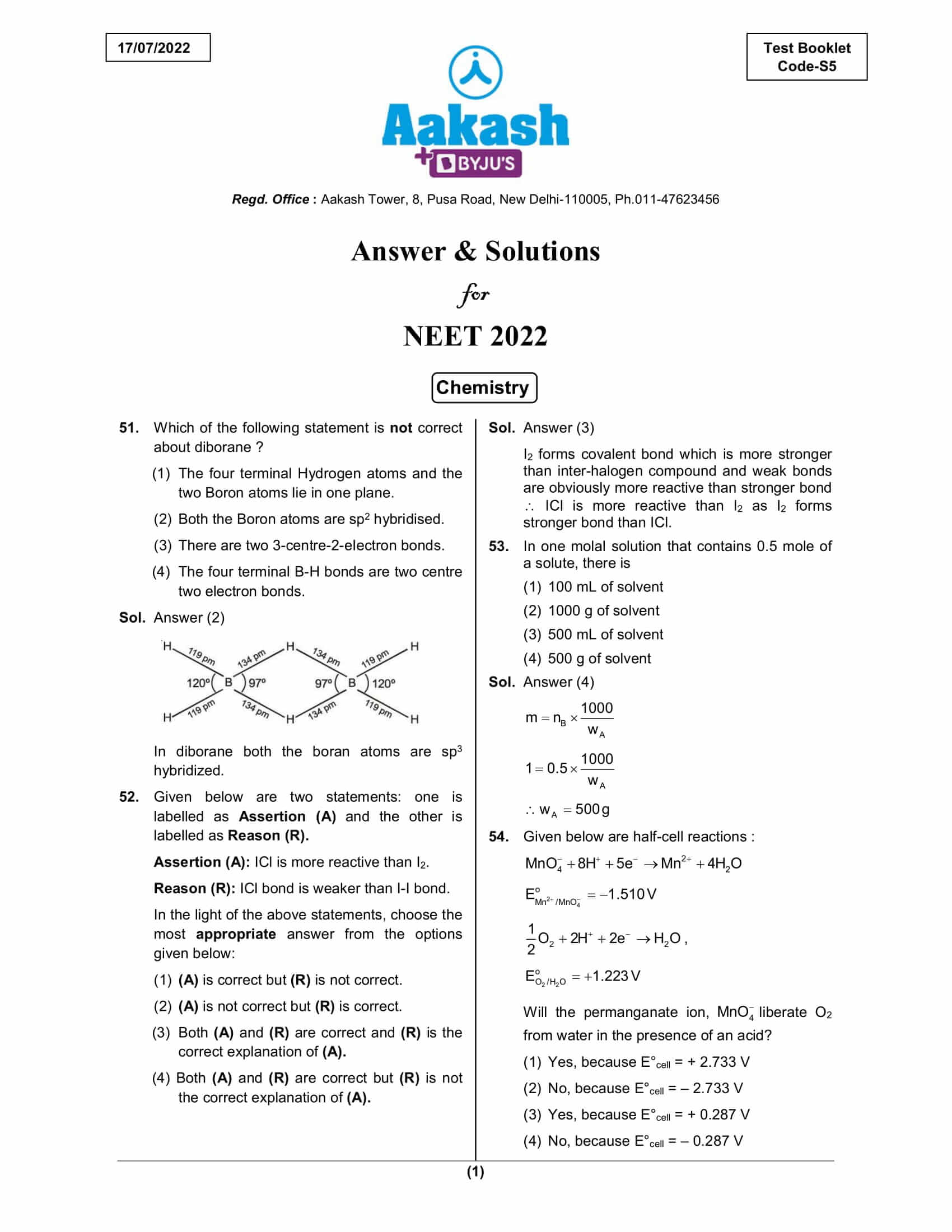 NEET 2022 Chemistry Question Paper With Solutions 17th July