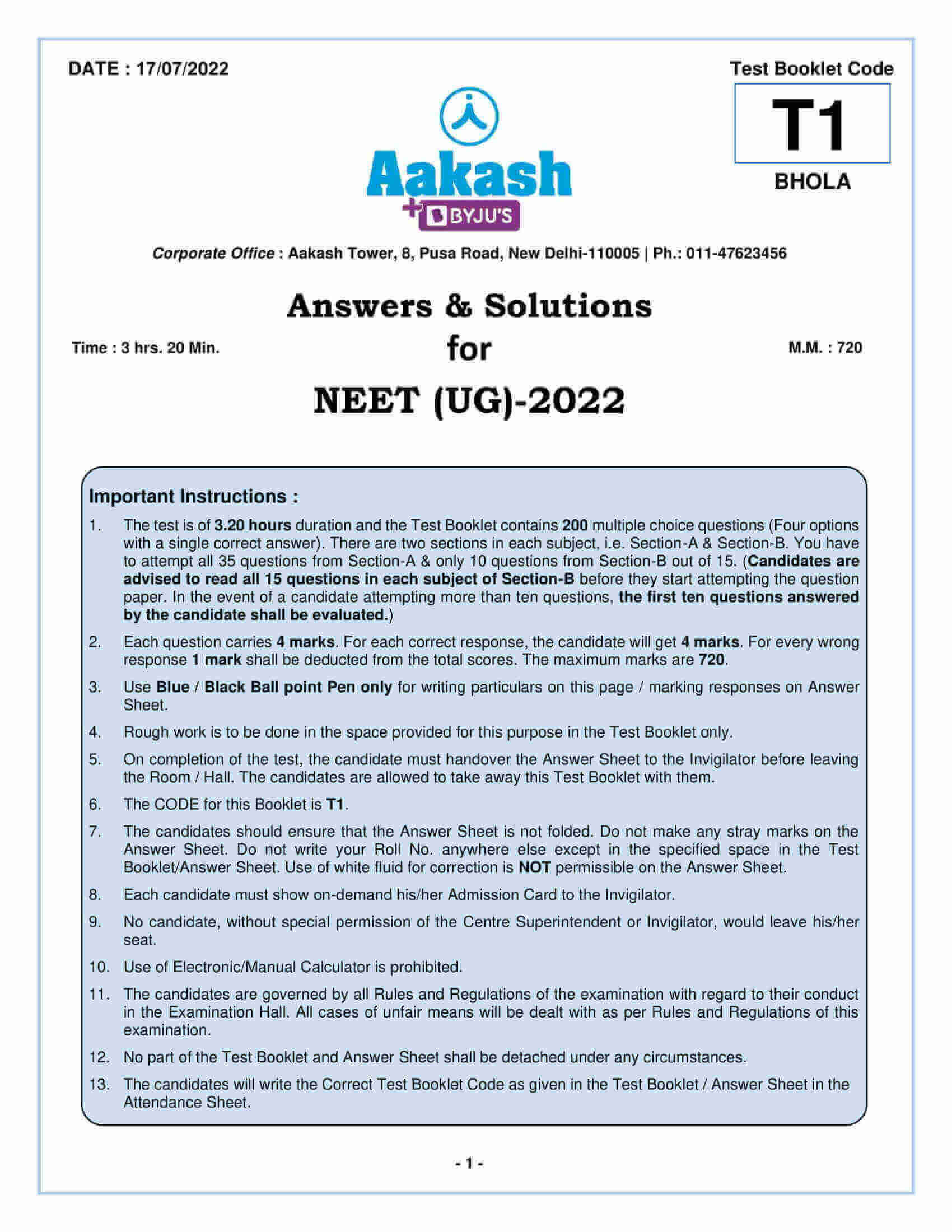 NEET 2022 Question Paper With Solutions Code T1