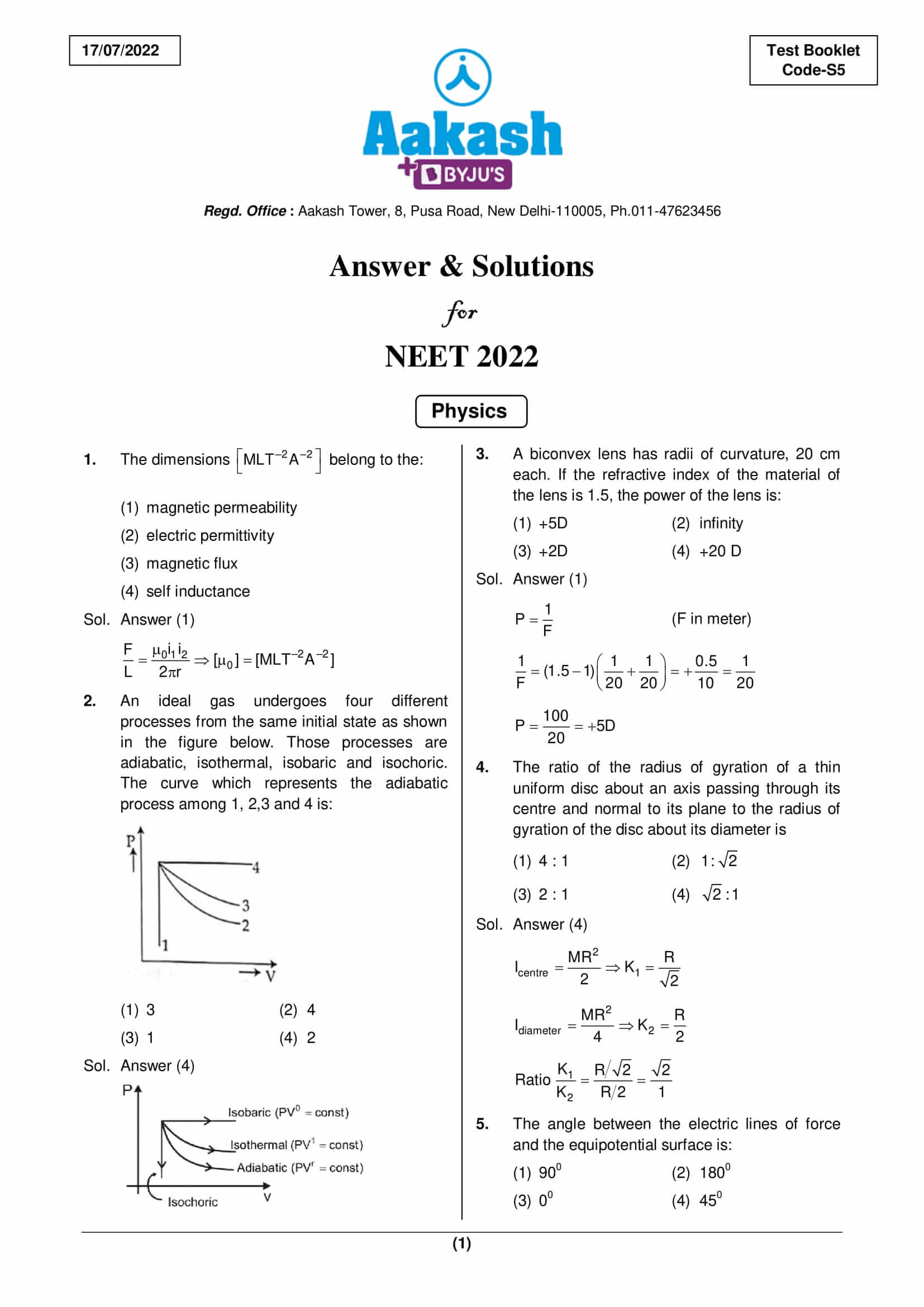 NEET 2022 Physics Question Paper 17 July