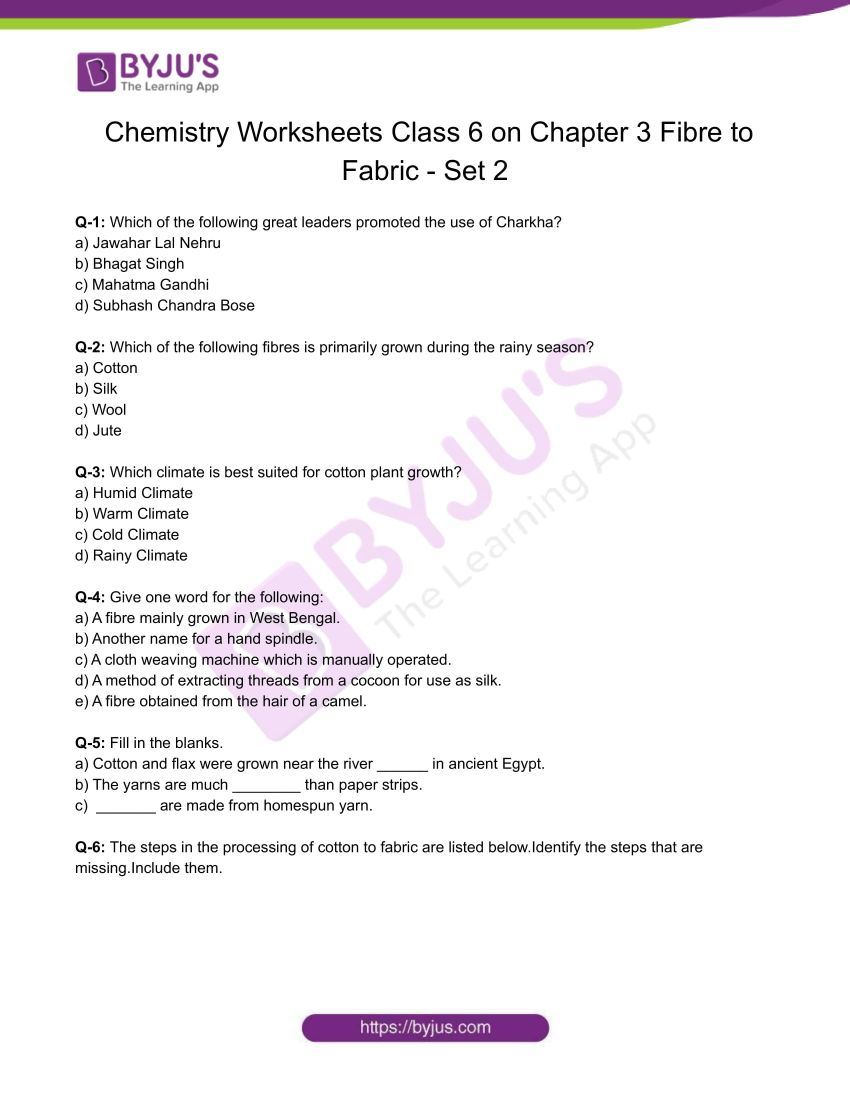 Class 6 Chemistry Worksheet On Chapter 3 Fibre To Fabric Set 2