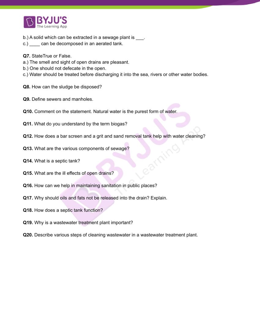 Class 7 Chemistry Worksheet On Chapter 18 Wastewater Story Set 1