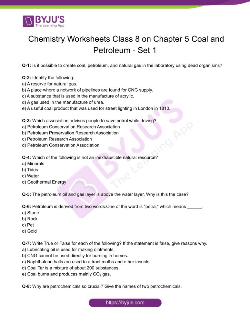 Class 8 Chemistry Worksheet On Chapter 5 Coal And Petroleum Set 1 Class 8 Chemistry Worksheet On Chapter 5 Coal And Petroleum Set 1