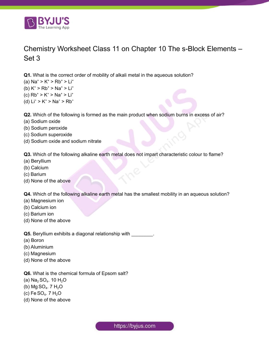 Class 11 Chemistry Worksheet on Chapter 10 The s-Block Elements - Set 3