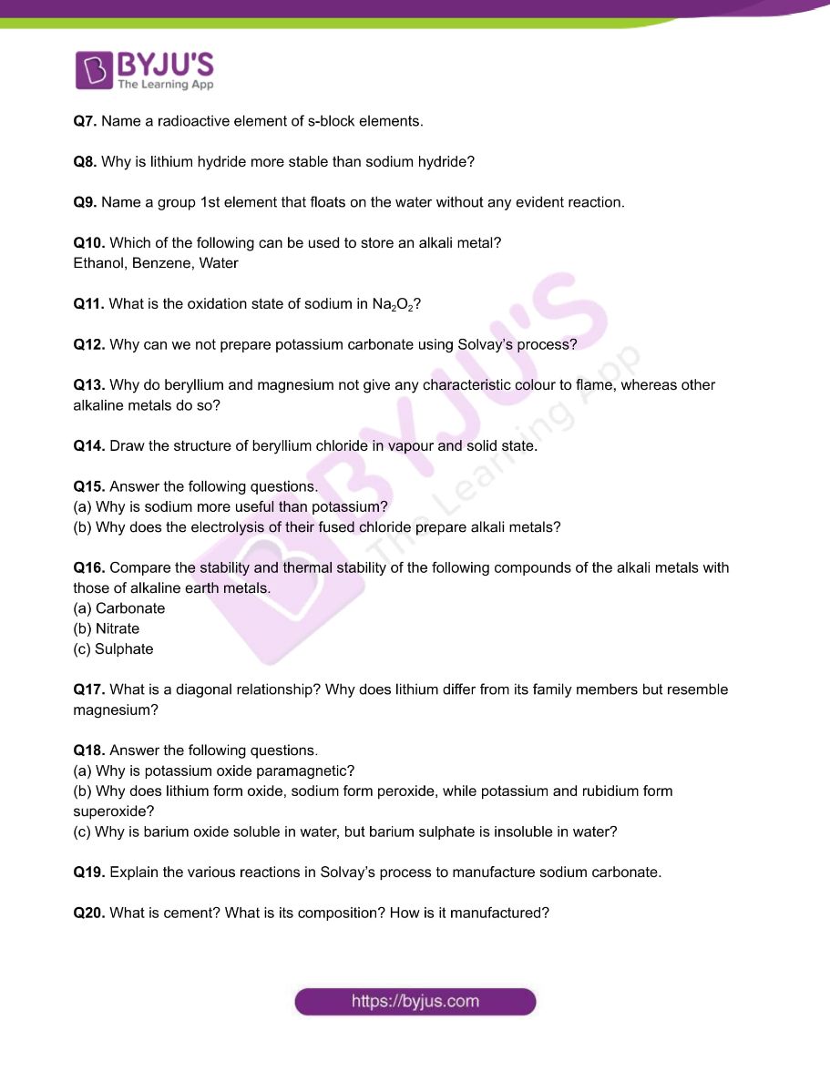 Class 11 Chemistry Worksheet on Chapter 10 The s-Block Elements - Set 3
