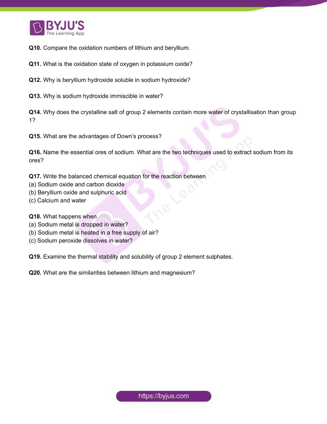 Class 11 Chemistry Worksheet on Chapter 10 The s-Block Elements - Set 5