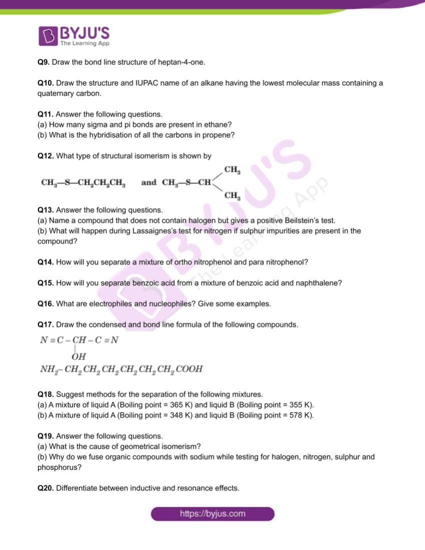 Class 11 Chemistry Worksheet On Chapter 12 Organic Chemistry Some 