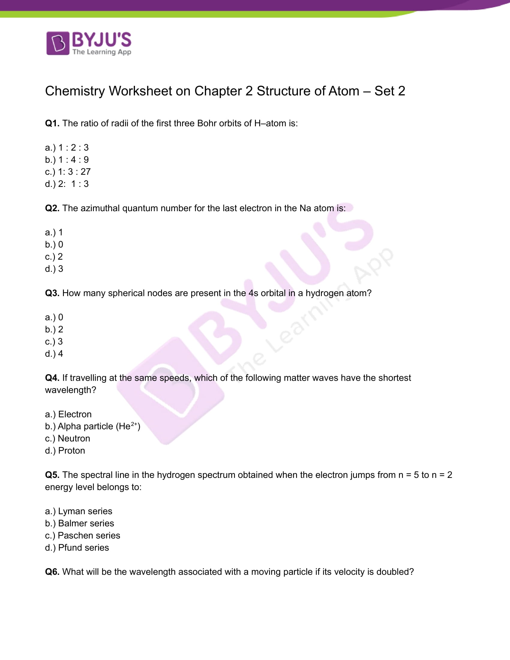 Class 11 Chemistry Worksheet On Chapter 2 Structure Of Atom Set 2