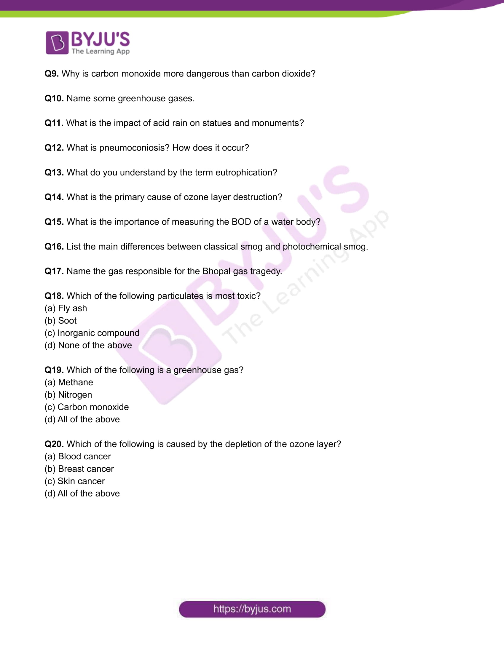 Class 11 Chemistry Worksheet on Chapter 14 Environmental Chemistry - Set 1