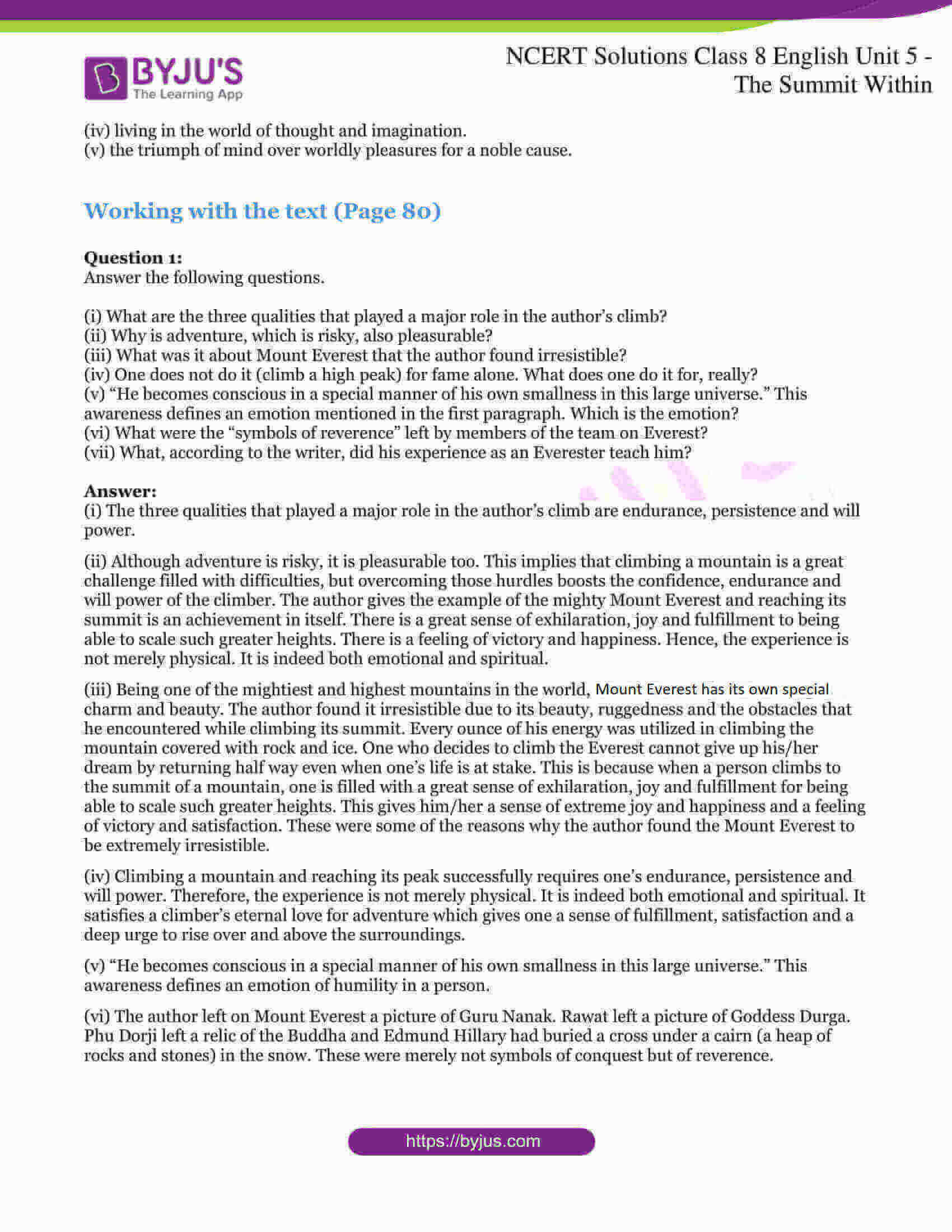 NCERT Solutions for Class 8 English Unit 5 - The Summit Within