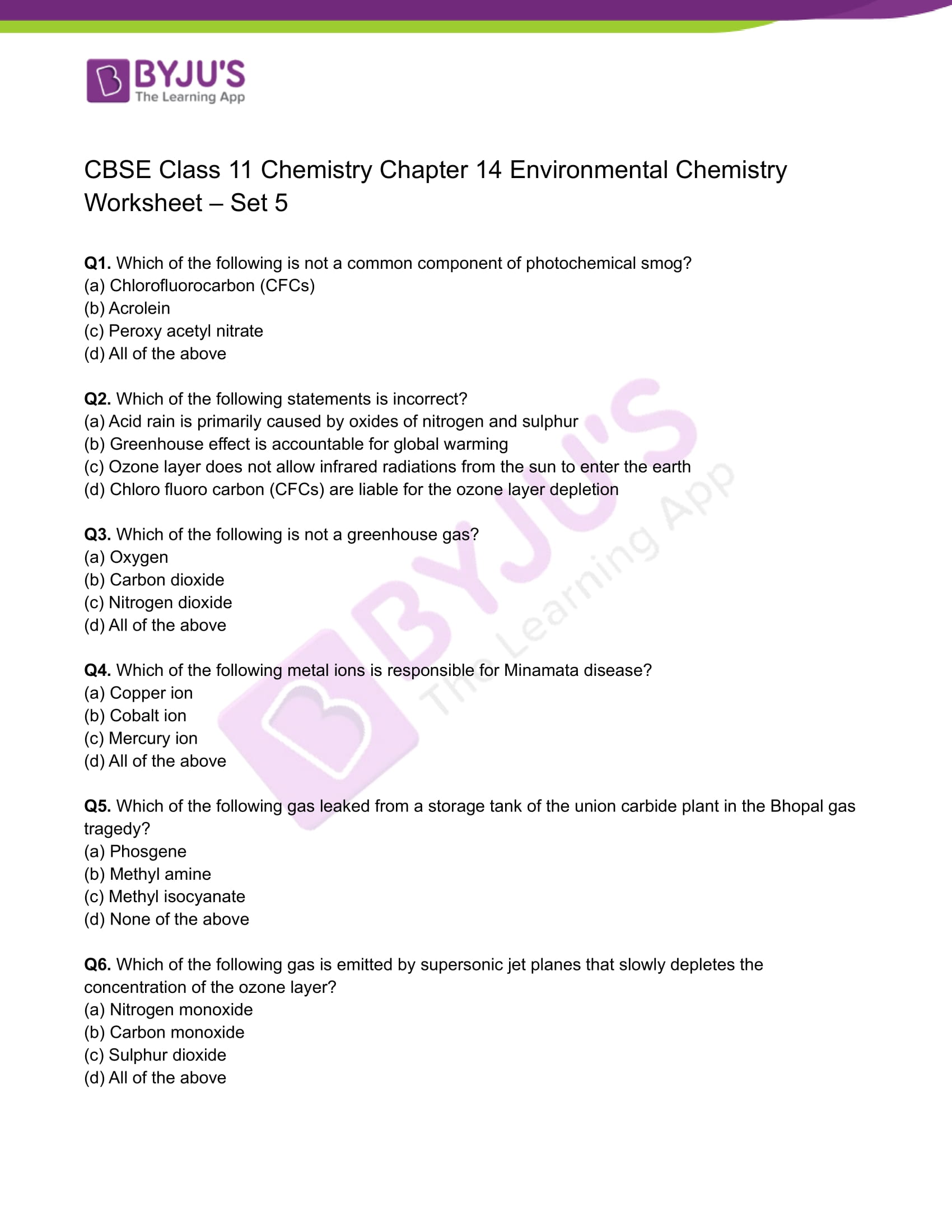 Class 11 Chemistry Worksheet on Chapter 14 Environmental Chemistry - Set 5