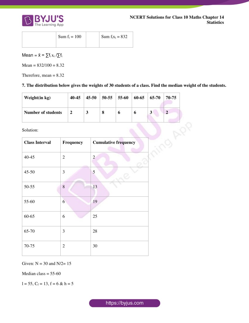 NCERT Solutions Class 10 Maths Chapter 14 Statistics
